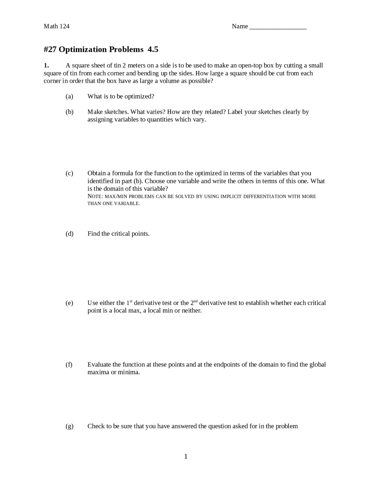 9 Problems On Calculus I With Applications Assignment Math 124