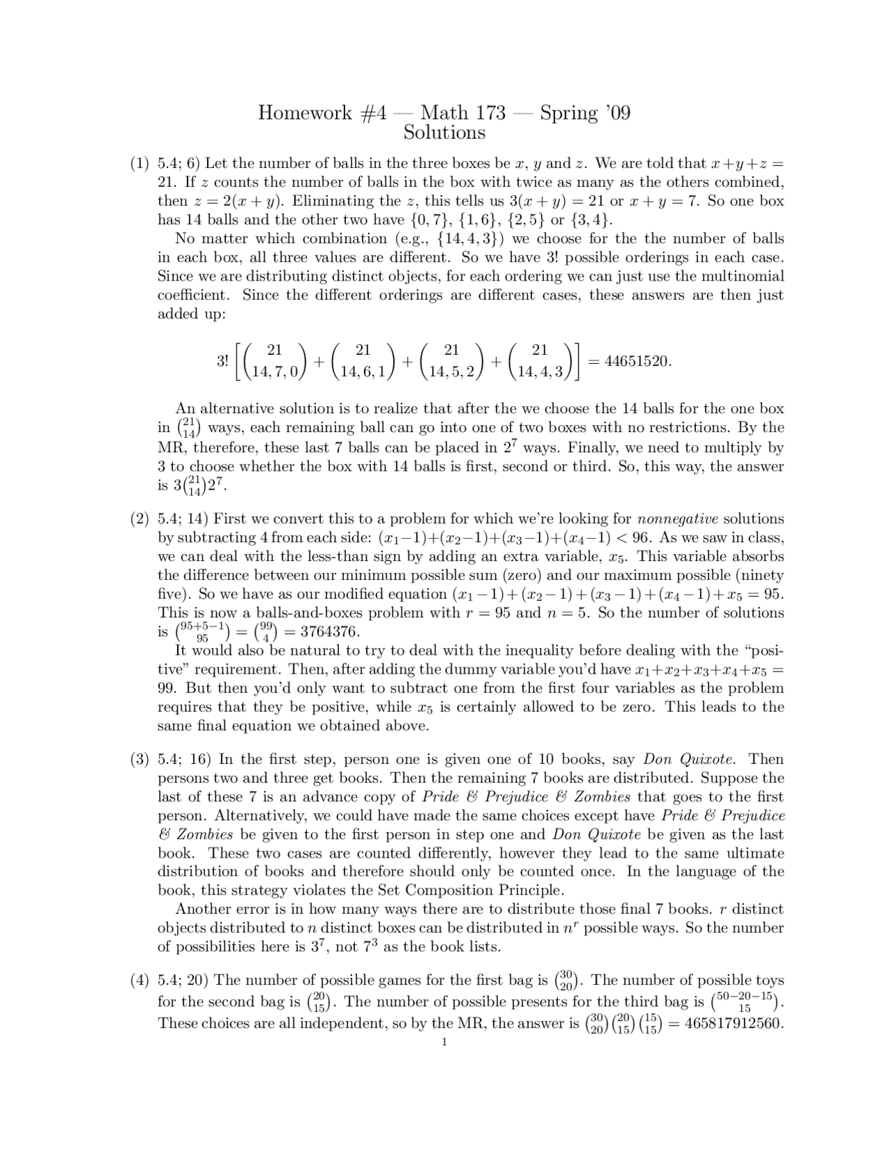 Homework 4 Solutions Basic Combinatorial Theory Math 173 Docsity