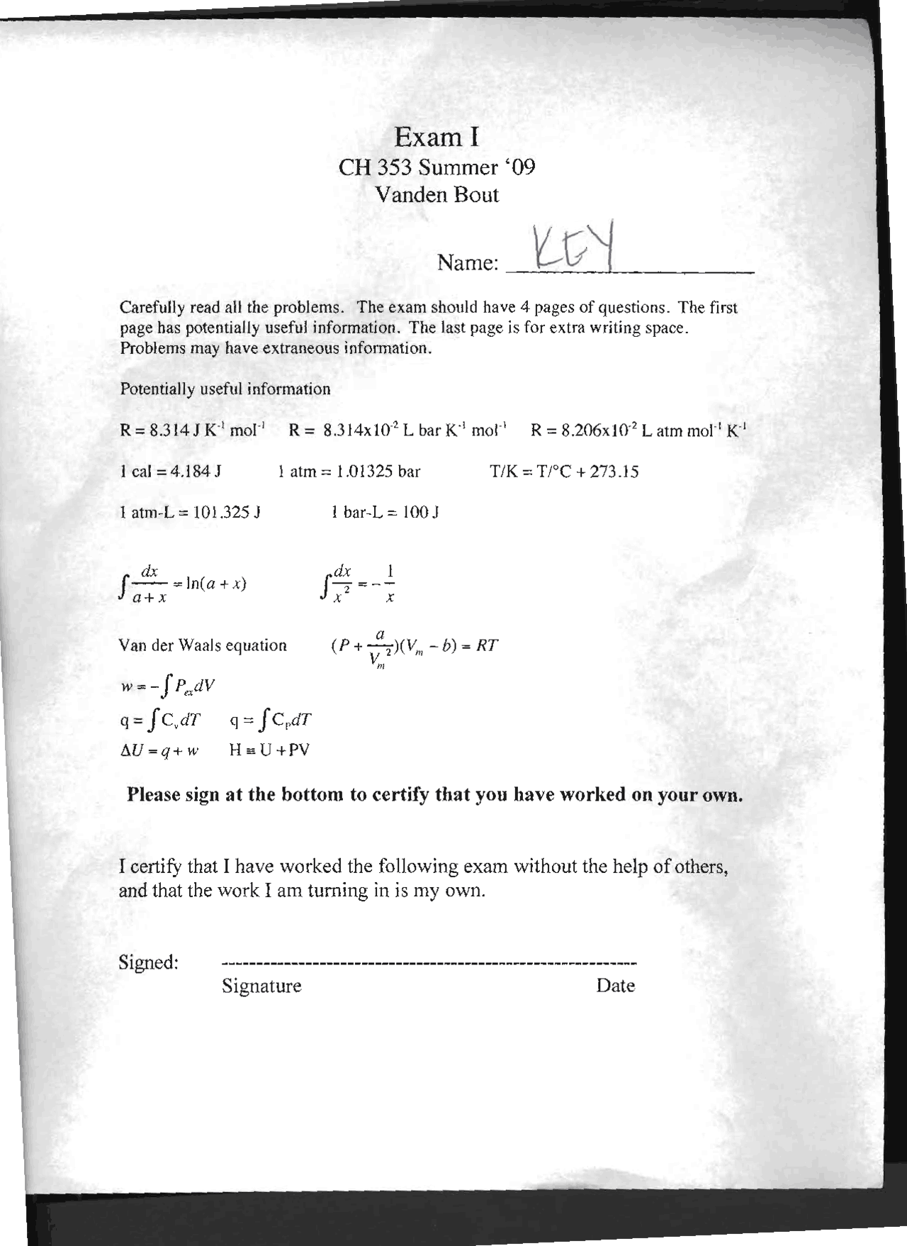 Physical Chemistry I Midterm Exam 1 With Answer Key Ch 353 Exams