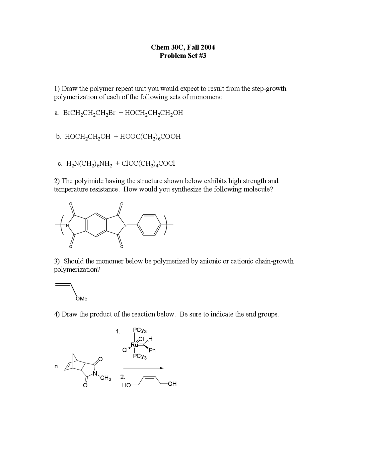 Problem Set 3 For Organic Chemistry Ii Fall 2004 Chem 0030c Docsity