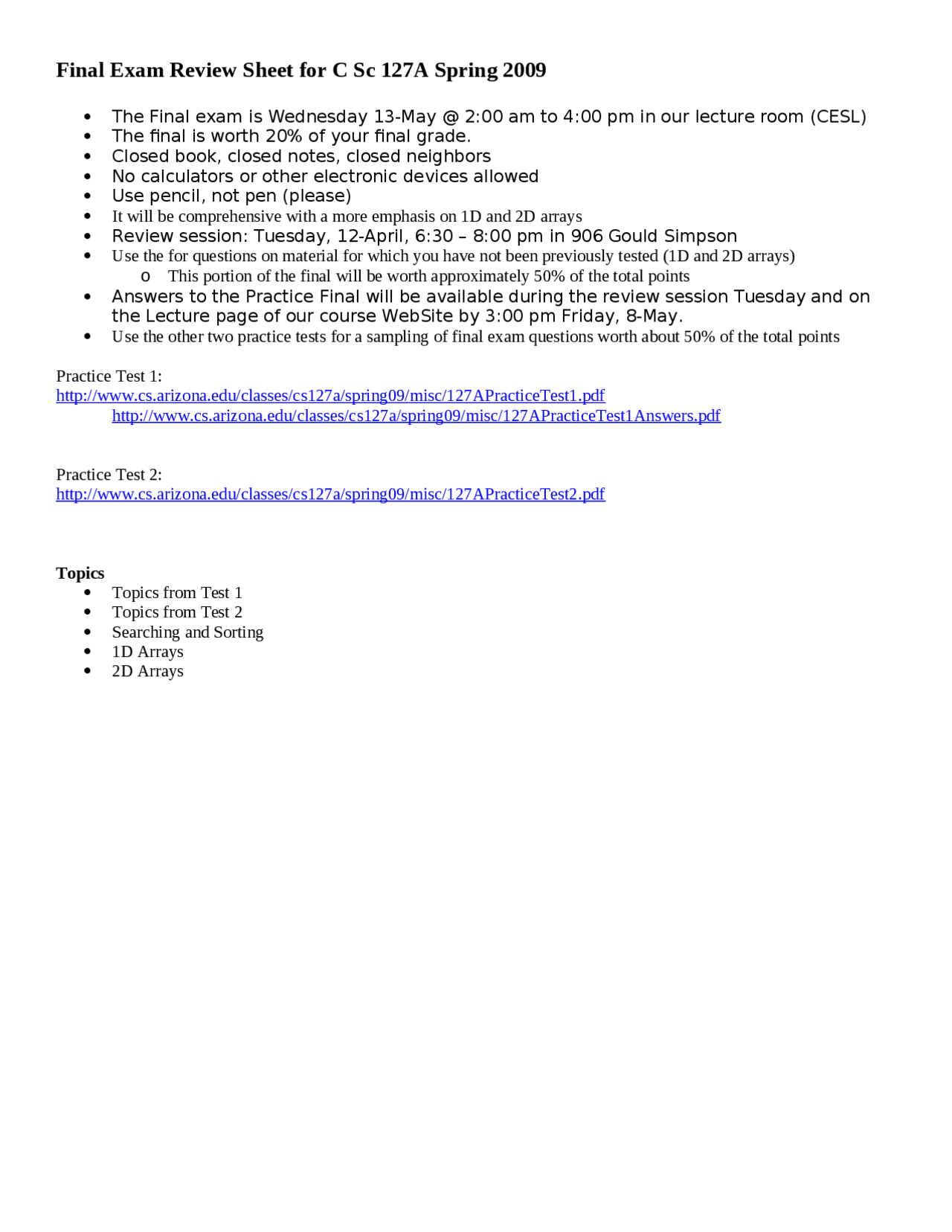 Final Exam Review Sheet Introduction To Computer Science C Sc 127a Docsity