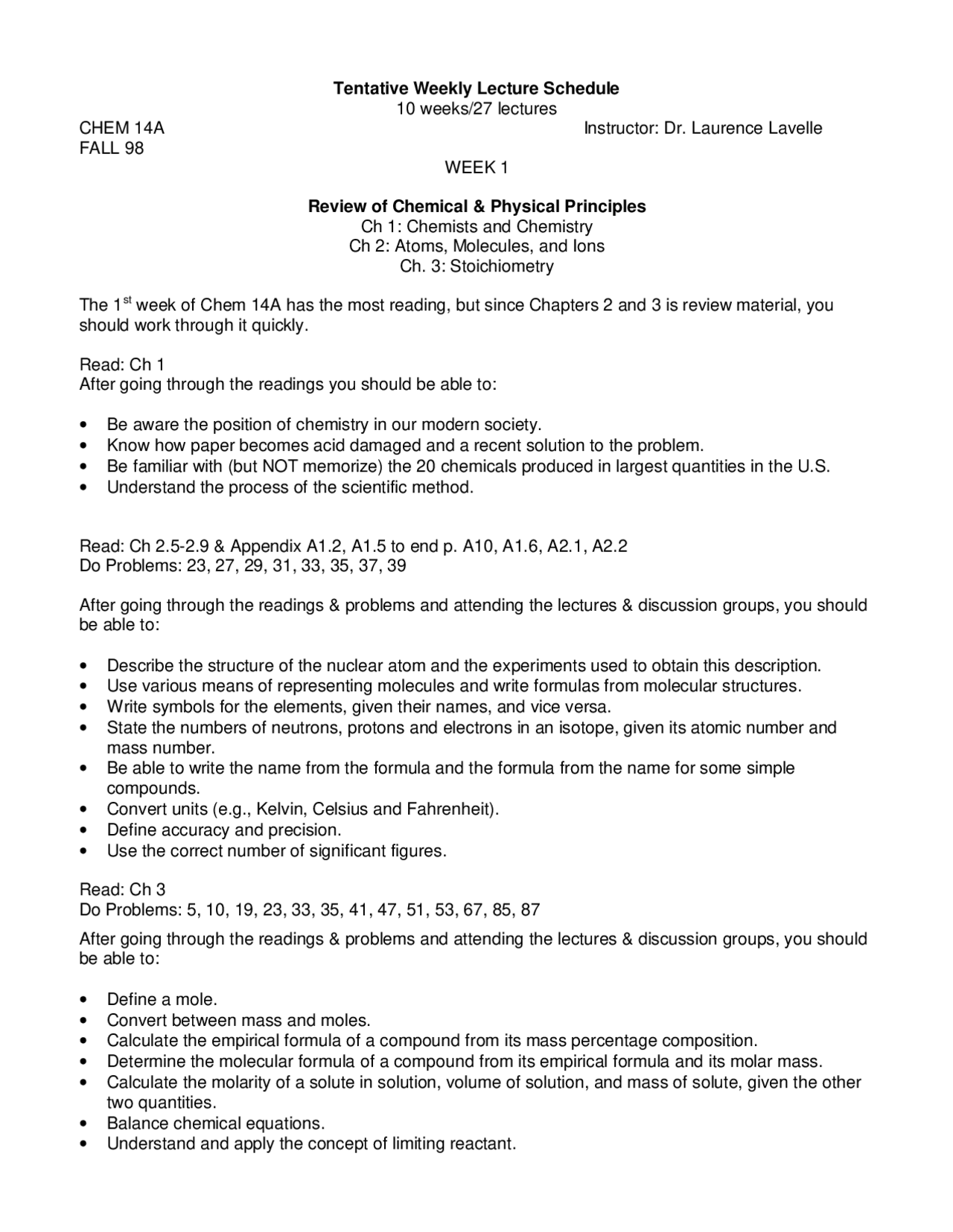 Weekly Lecture Schedule for Chem 14A by Dr. Laurence Lavelle (Fall 98 ...