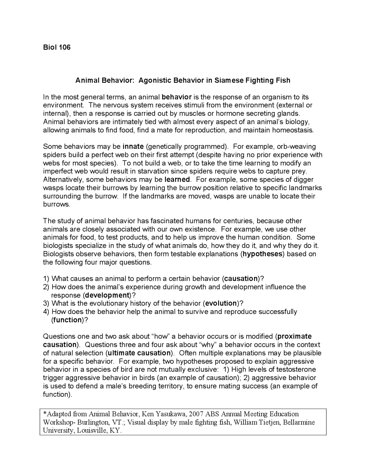 Animal Behavior: Agonistic Behavior in Siamese Fighting Fish | Biol 106 ...