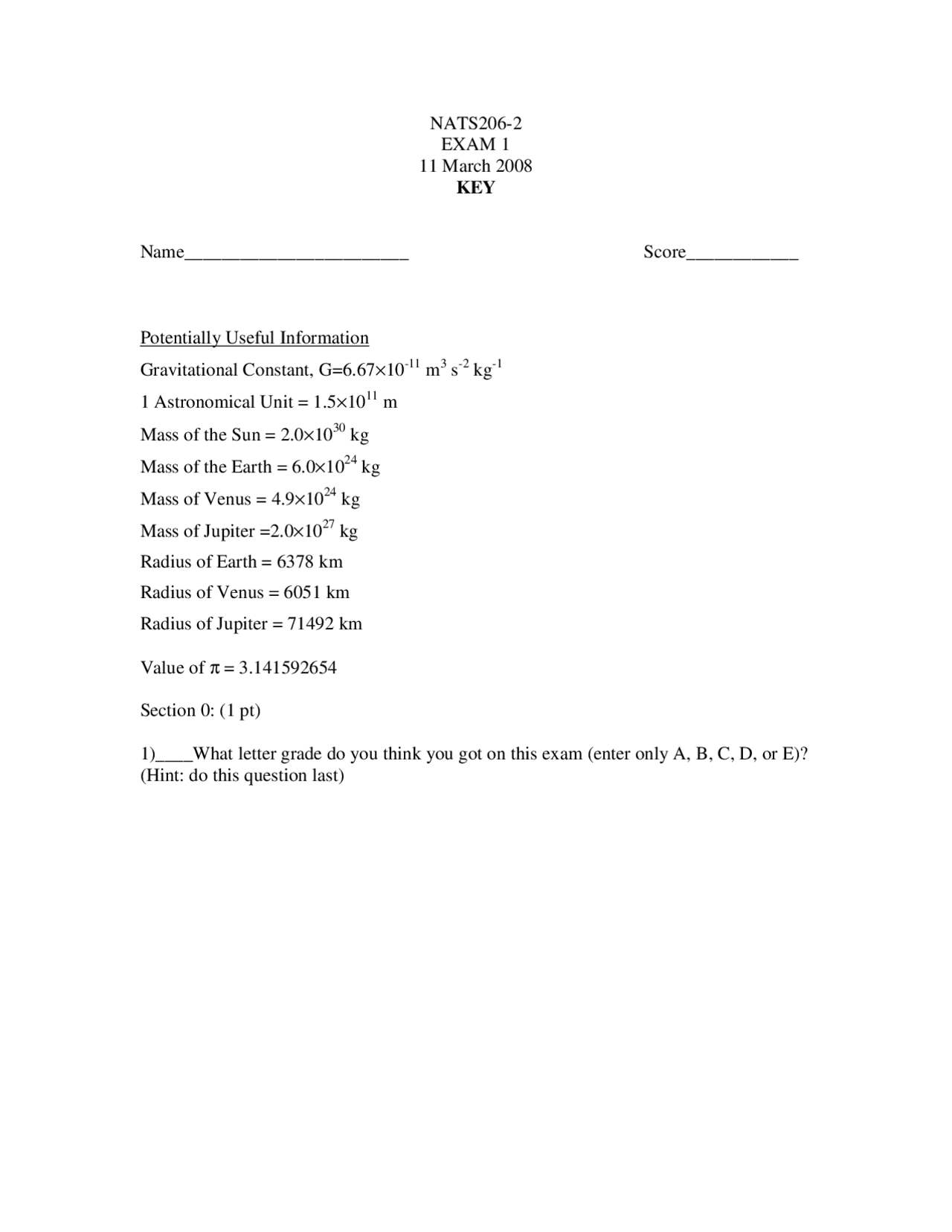 Exam 1 With Solution Key Our Golden Age Of Planetary Exploration