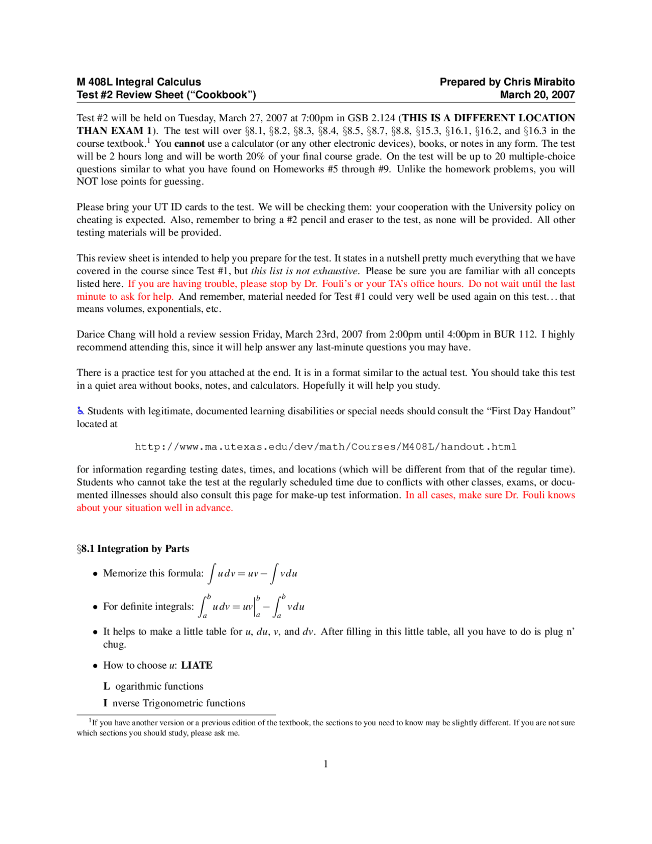 Test Ii Review Sheet For Integral Calculus M 408l Docsity