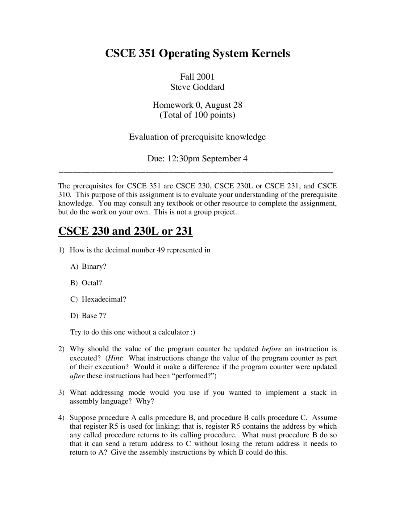 10 Questions For Assignment Operating System Kernels Csce 351 Docsity