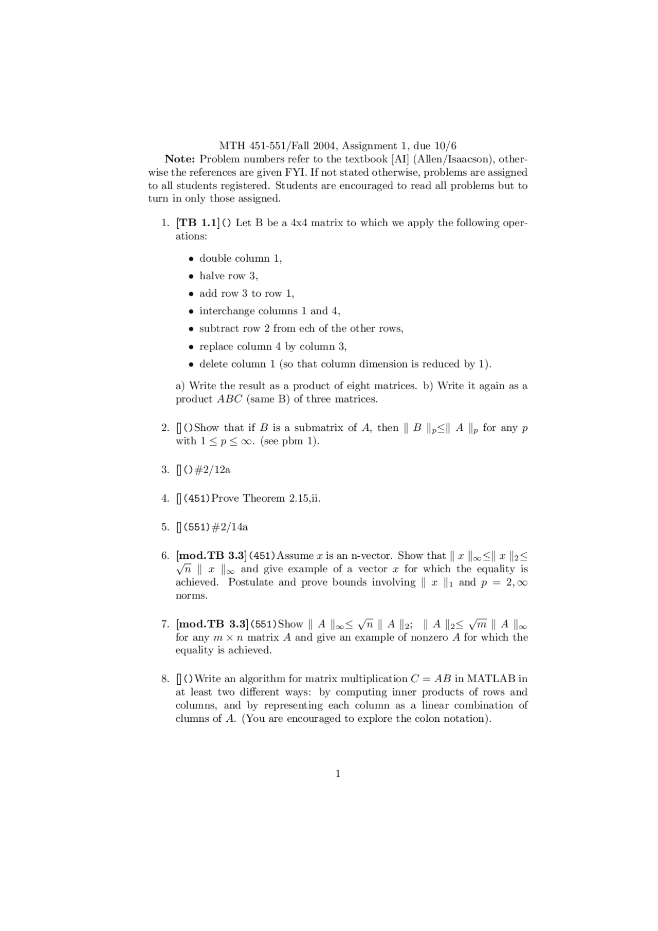 Numerical Linear Algebra Assignment 1 Questions Mth 451 Docsity
