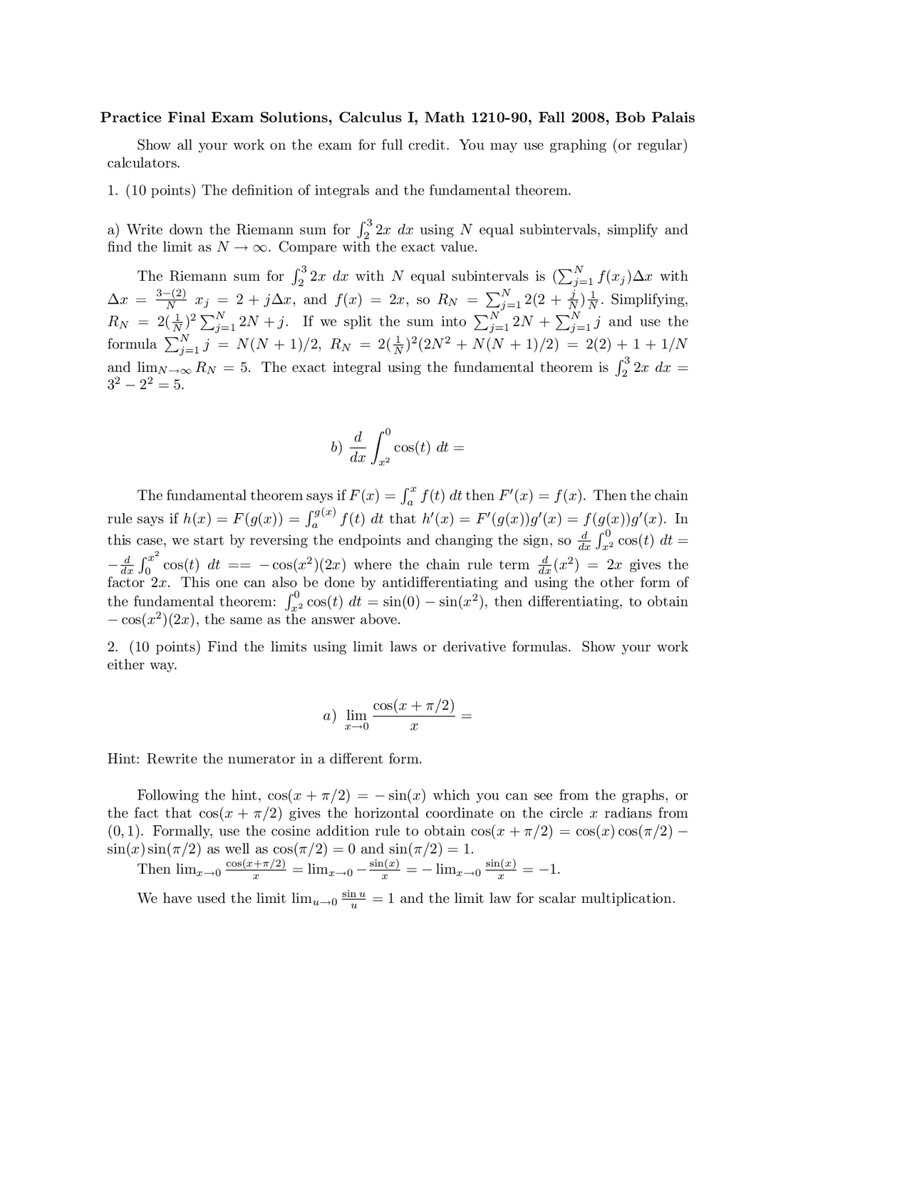 Practice Final Examination With Solutions Calculus I Math 1210