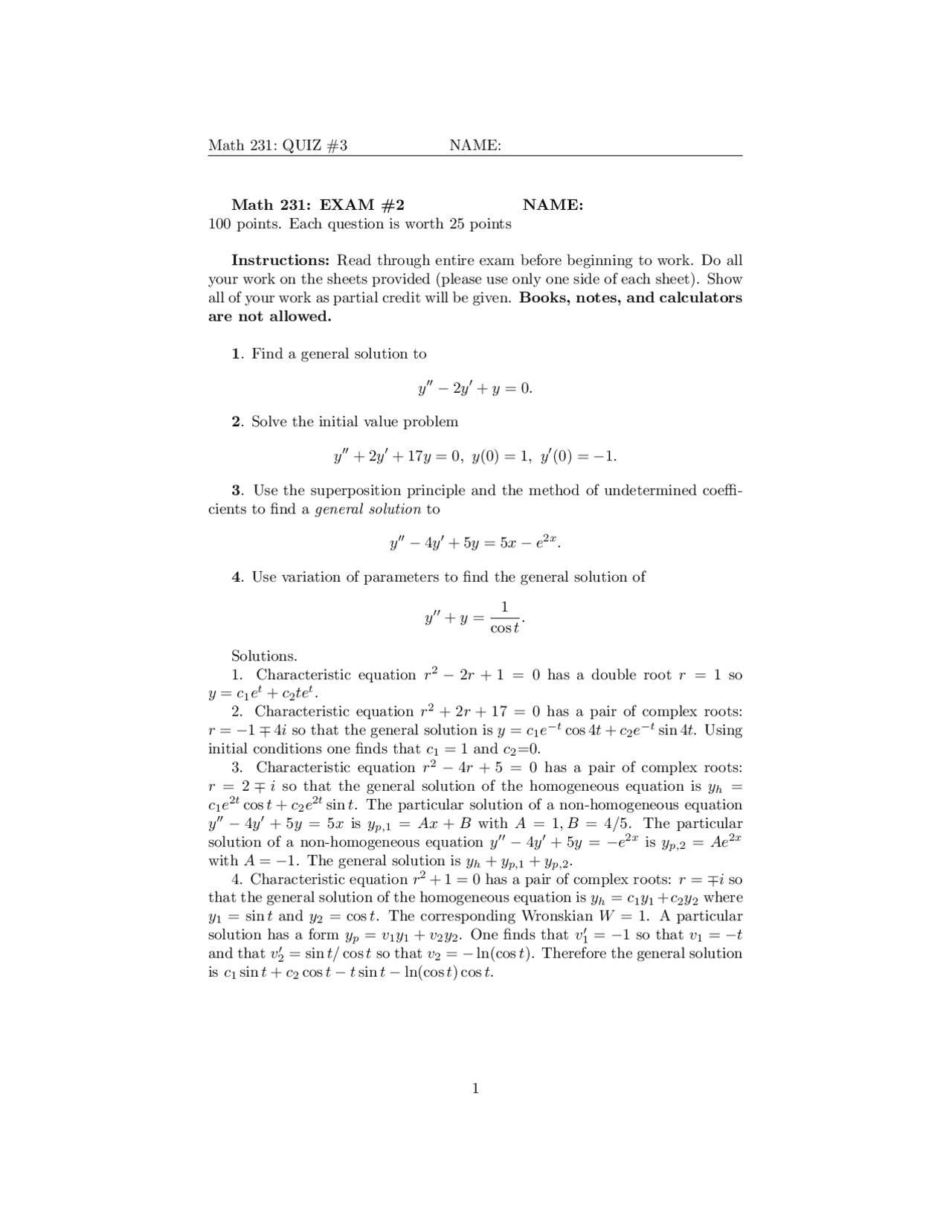 4 Questions With Answers Differential Equations I Quiz 3 Math 231