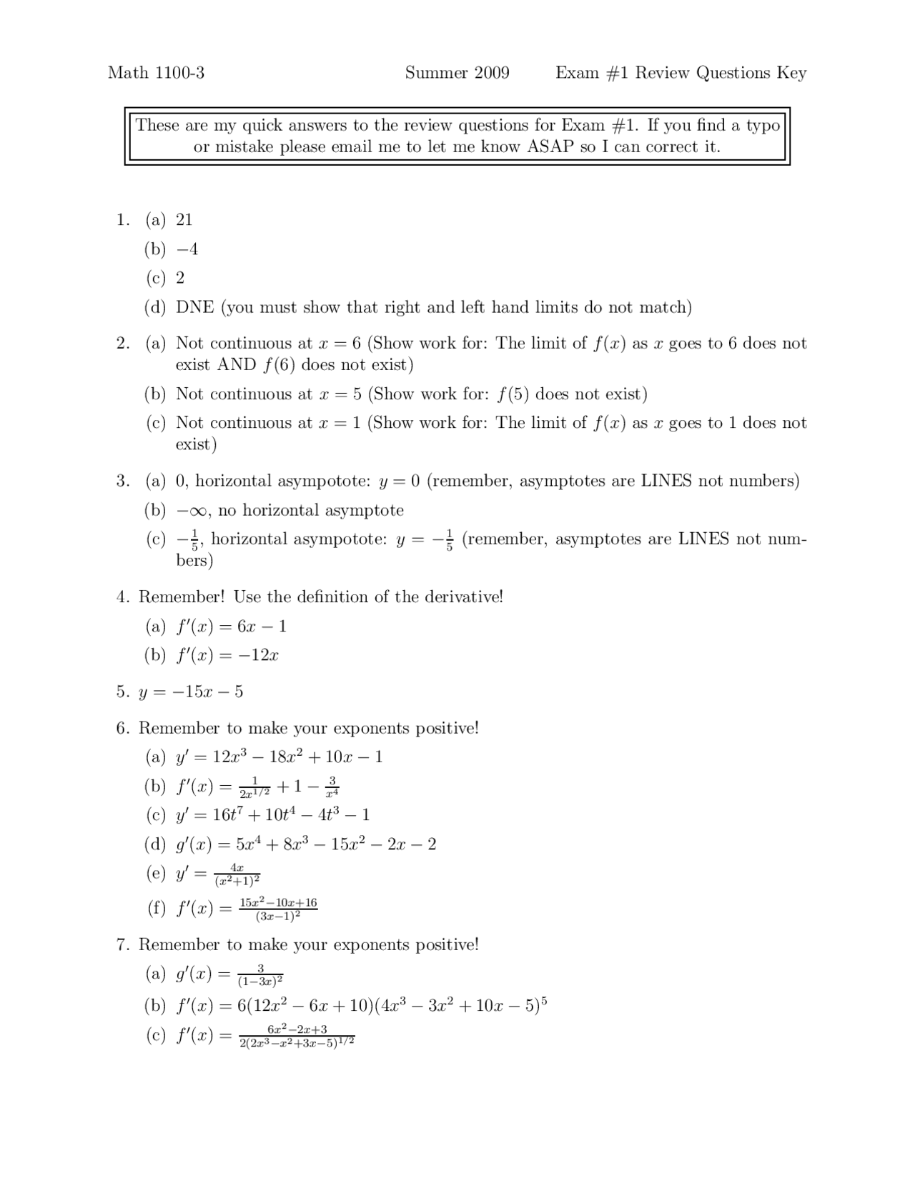 Quantitative Analysis Exam 1 Summer 2009 Math 1100 Docsity