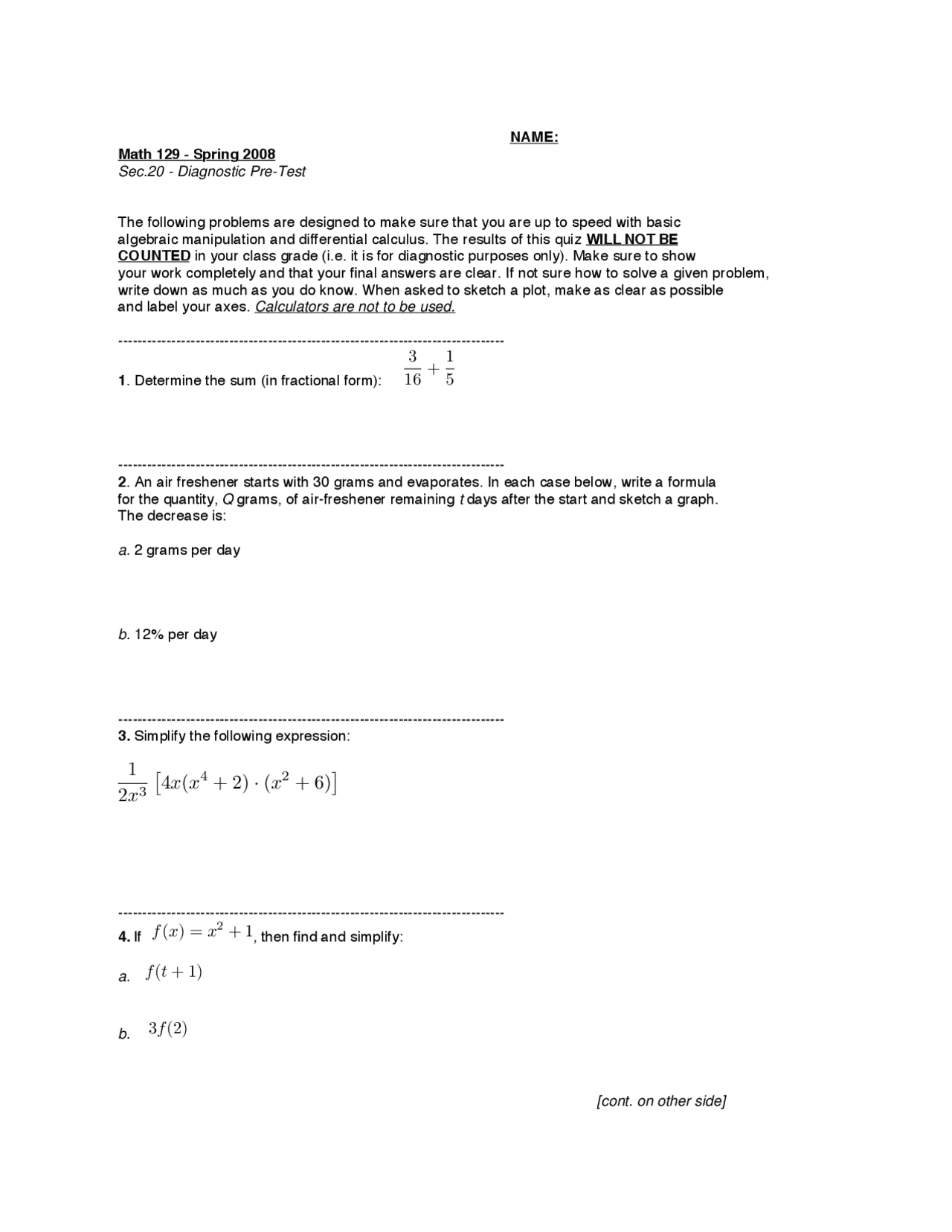 10 Questions In Calculus Ii Final Exam Math 129 Docsity