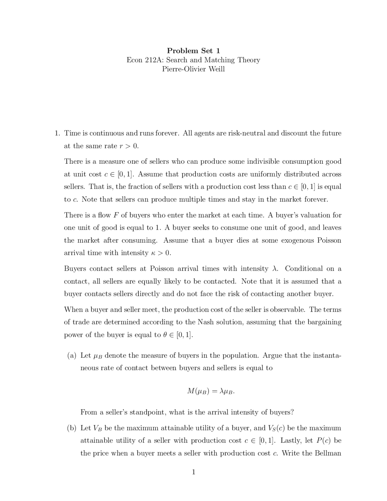 Problem Set 1 For Topics In Advanced Theory Search Theory Econ 212a