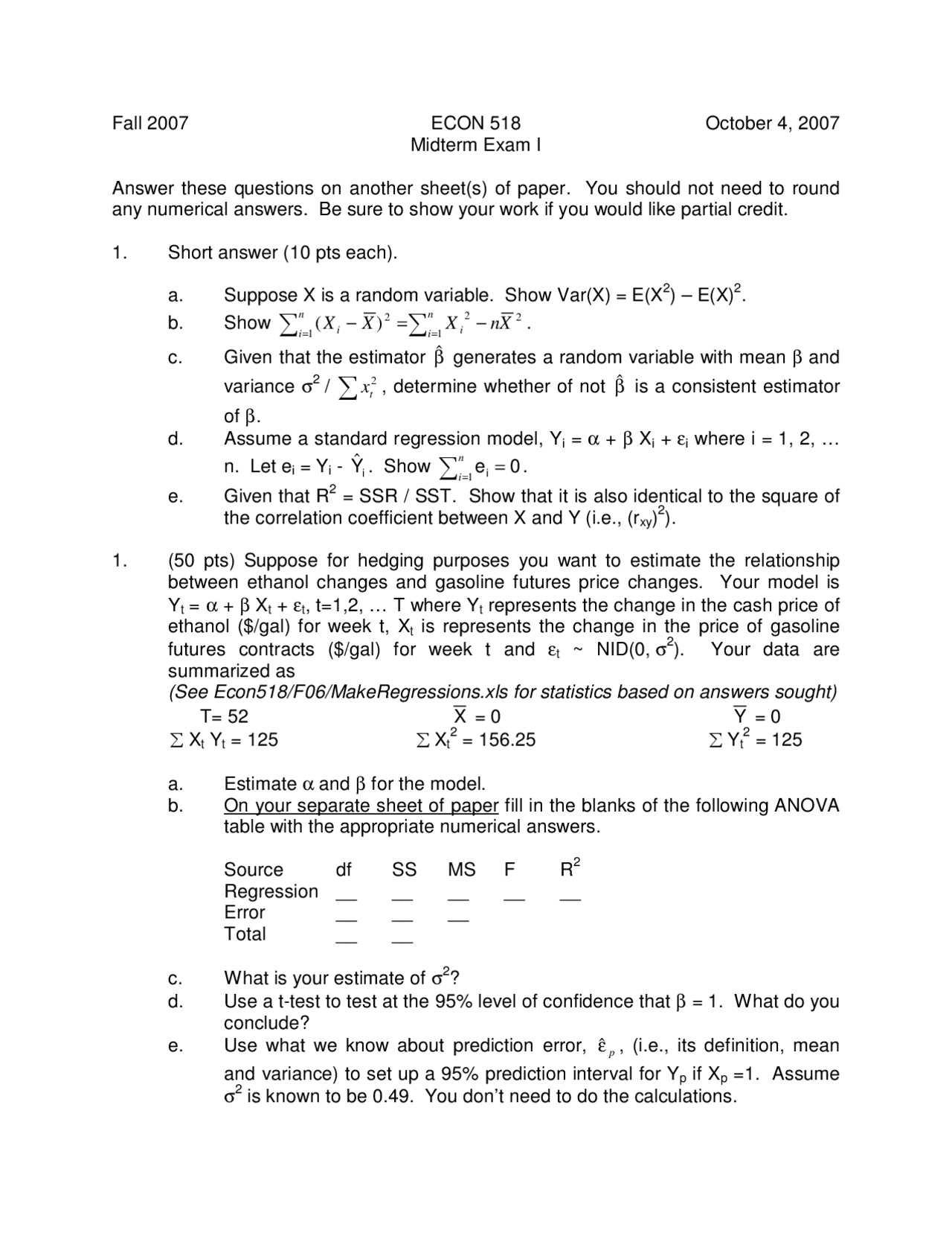 Midterm Exam 1 Questions Introduction To Econometrics Econ 518 Docsity