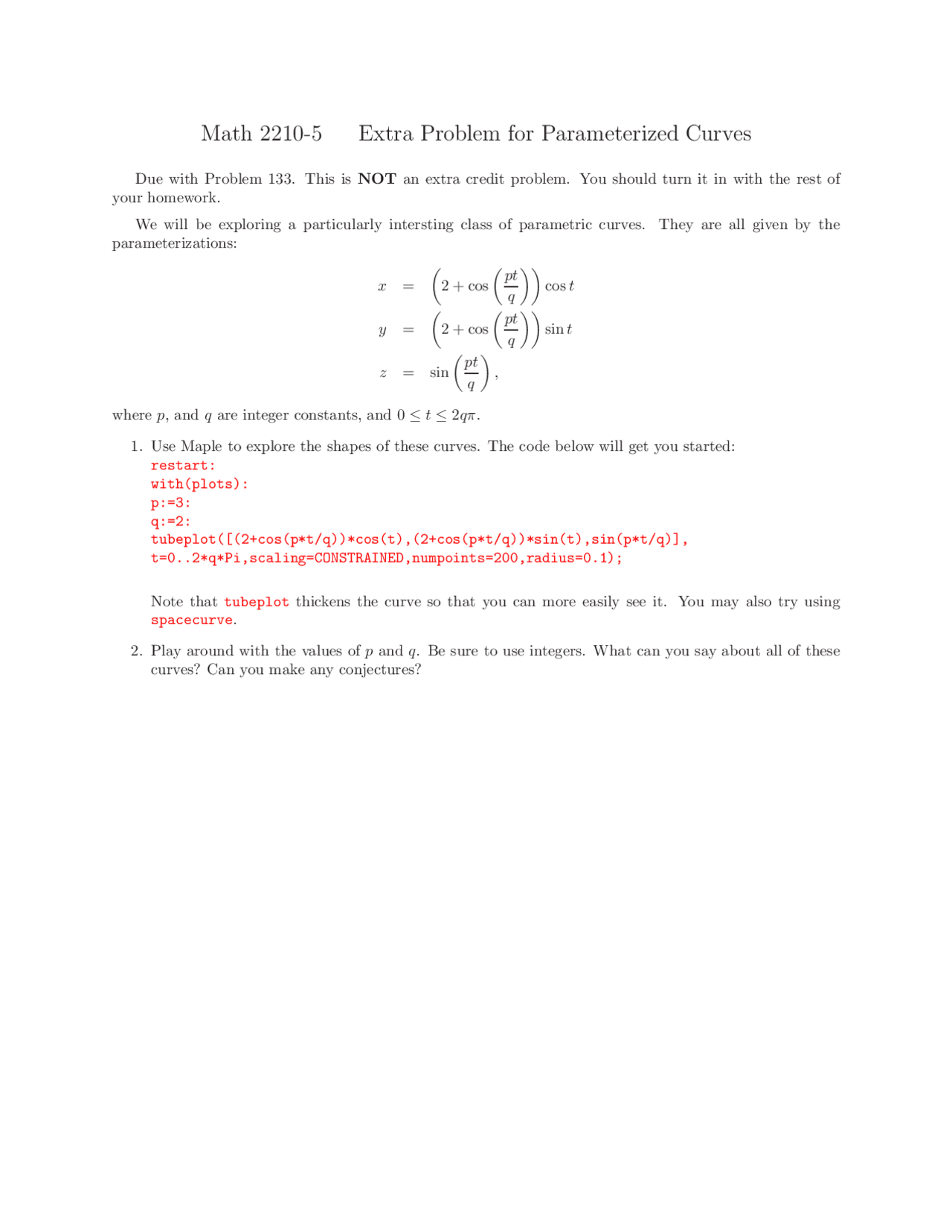 Extra Problem For Parameterized Curves Math 2210 Docsity