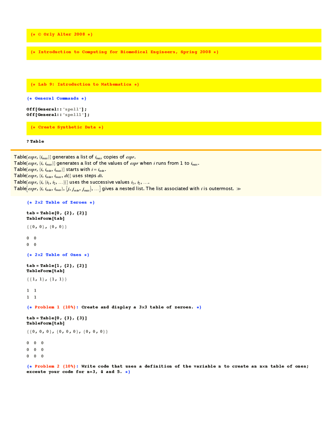 Lab 9: Introduction to Mathematica | BME 303 - Docsity