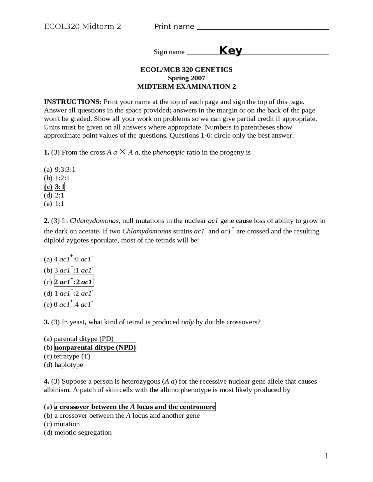 Answers Key Midterm Exam - Genetics | ECOL 320 | Exams Genetics | Docsity