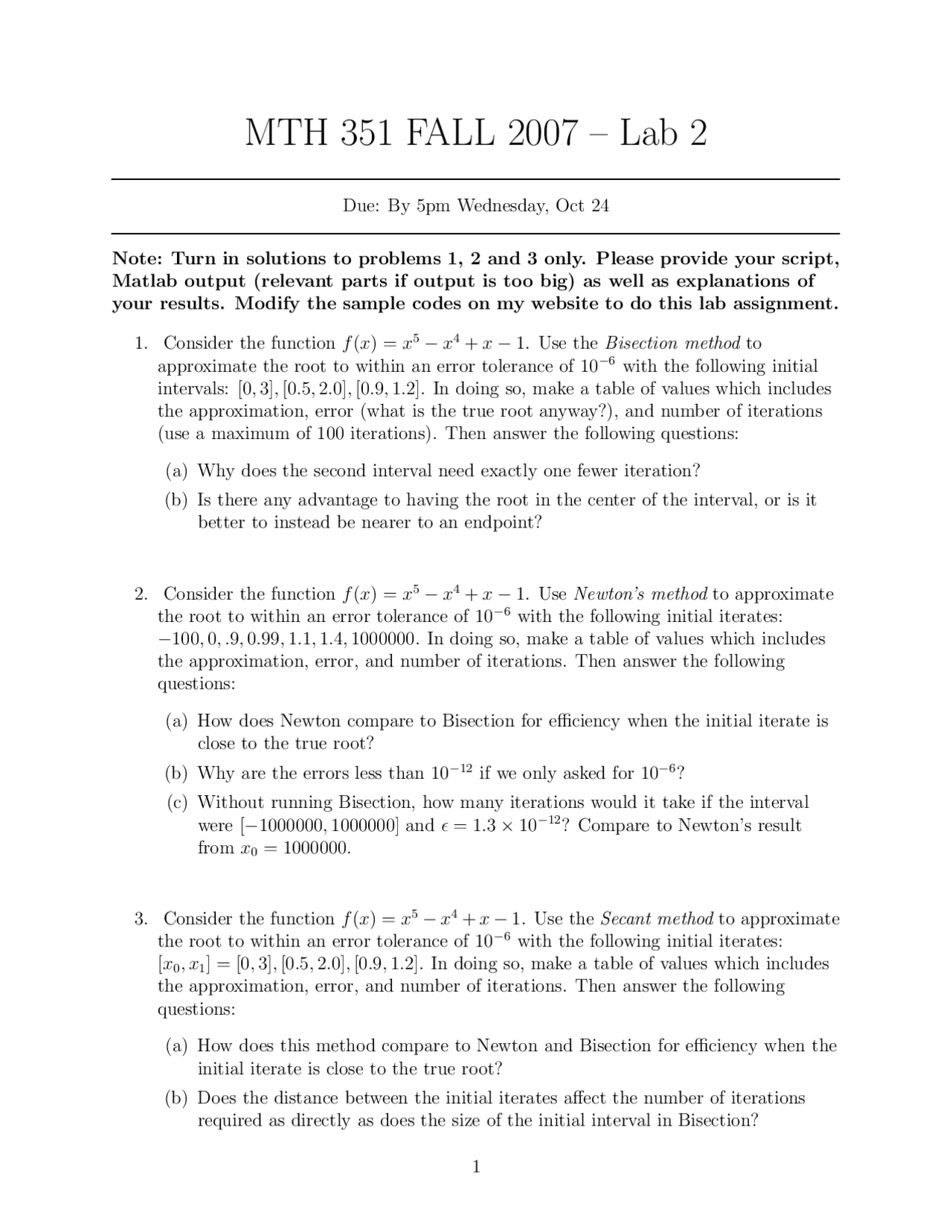 Laboratory #2 - Introduction to Numerical Analysis | MTH 351 - Docsity