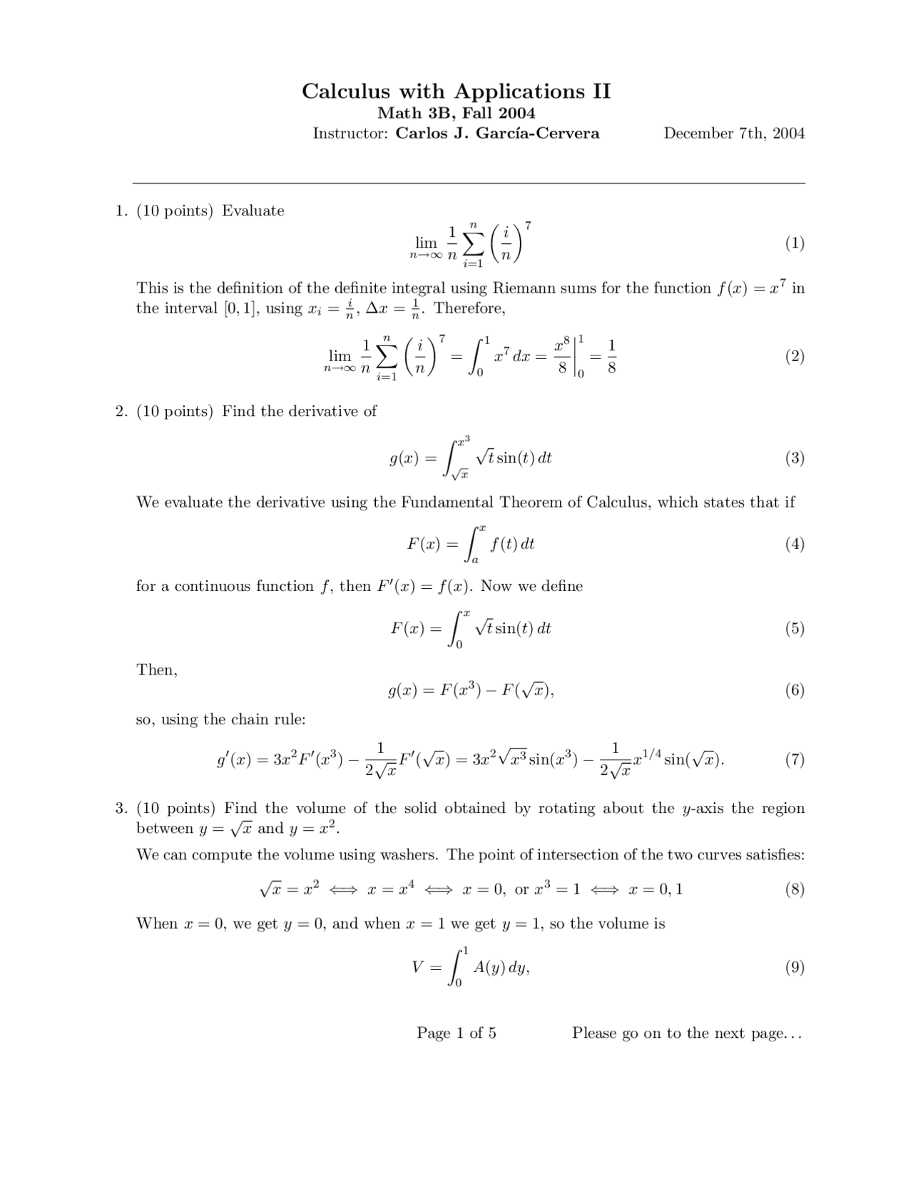 Calculus With Applications Ii List Of Exercices Math 3b Docsity
