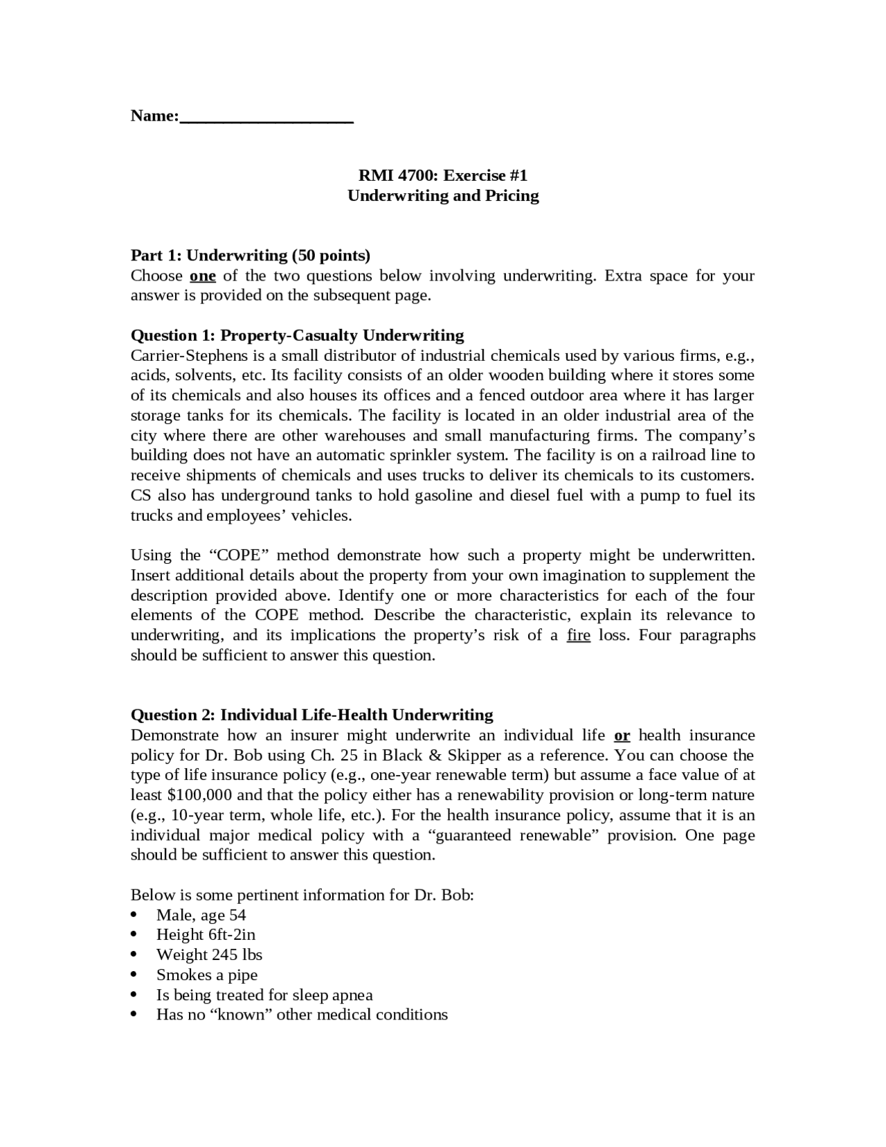 4 Questions On Insurance Operations Assignment 1 Rmi 4700 Docsity