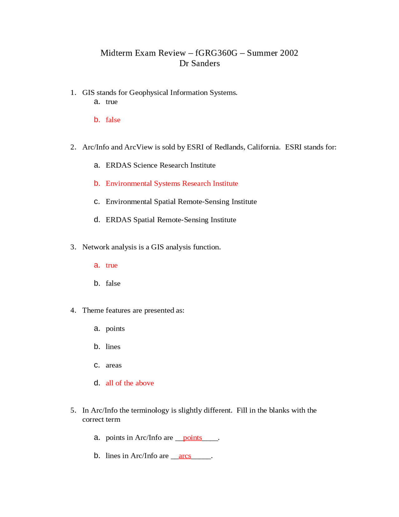 Midterm Exam Review for fGRG360G - Summer 2002: GIS Concepts | Exams ...