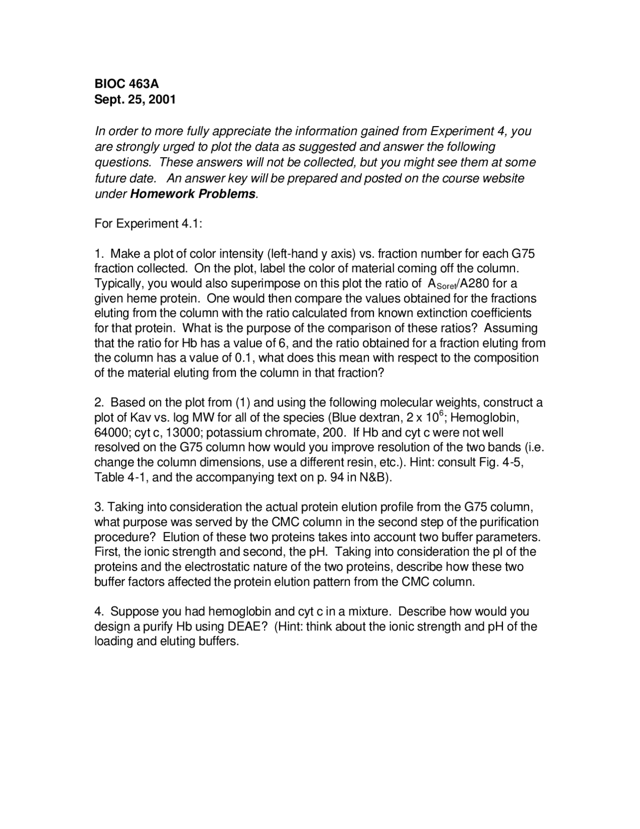 Homework Problems For Biochemical Laboratory Techniques Bioc 463a