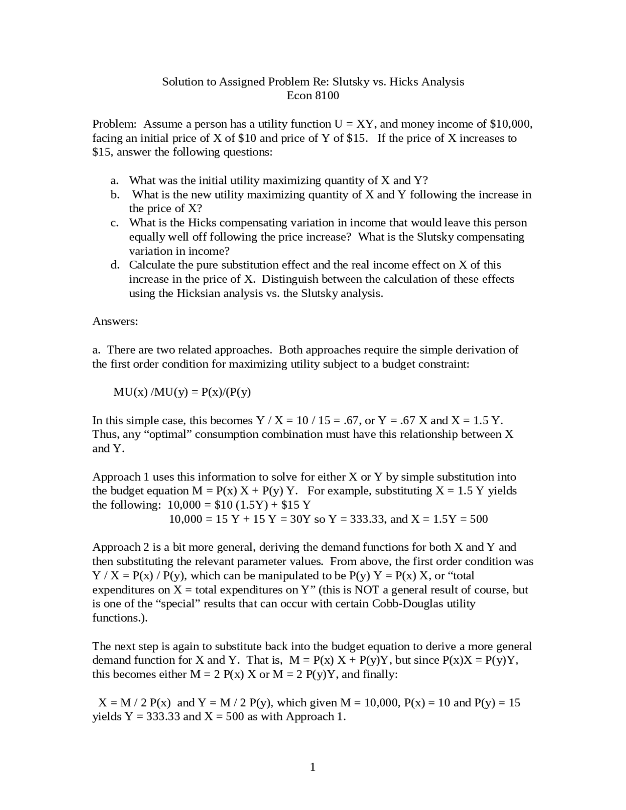 Solution To Assigned Problems Application To Microeconomic Analysis