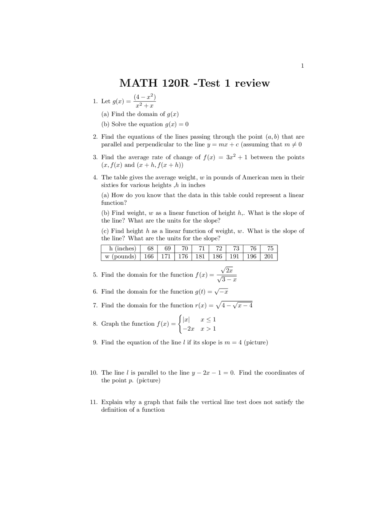 MATH 120R Test 1 Review: Functions and Equations | Exams Mathematics ...