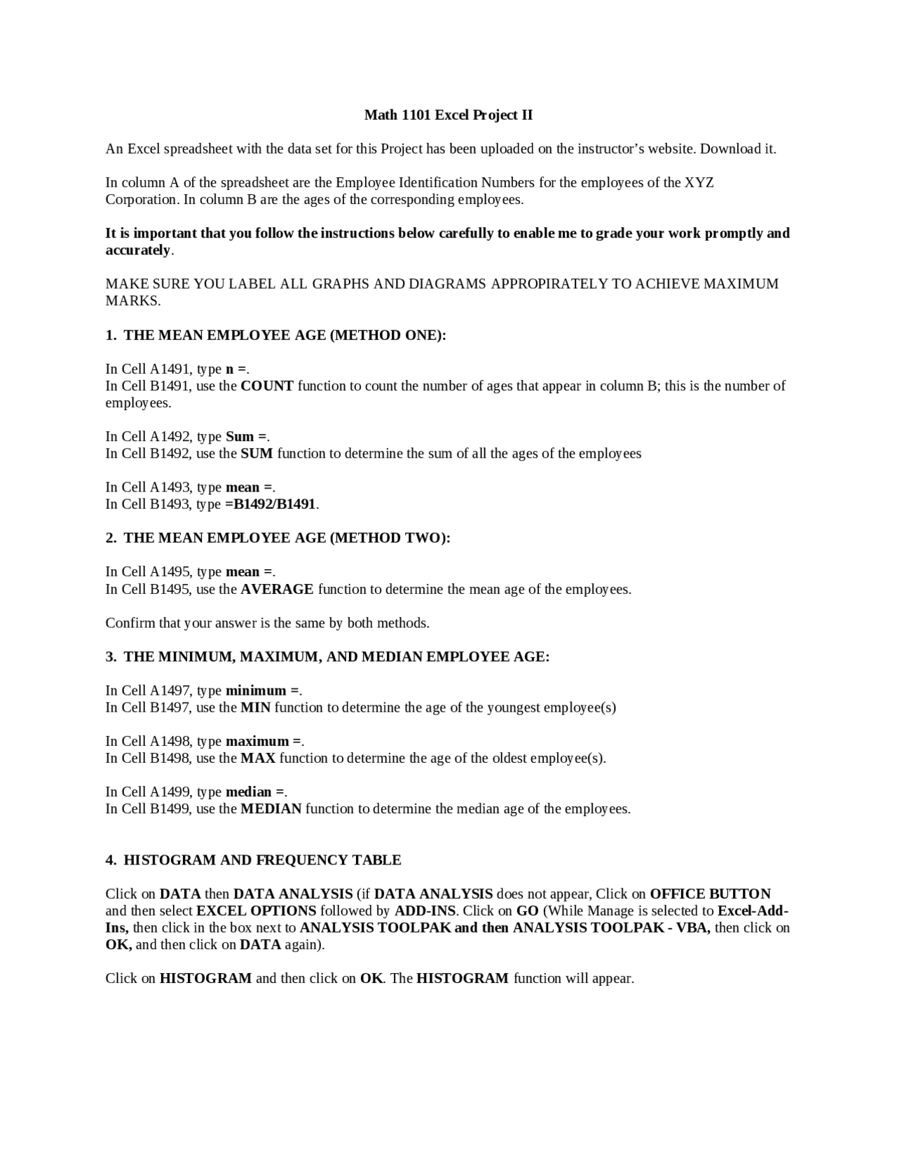 Excel Project Ii Introduction To Mathematics Modeling Math 1101 Docsity