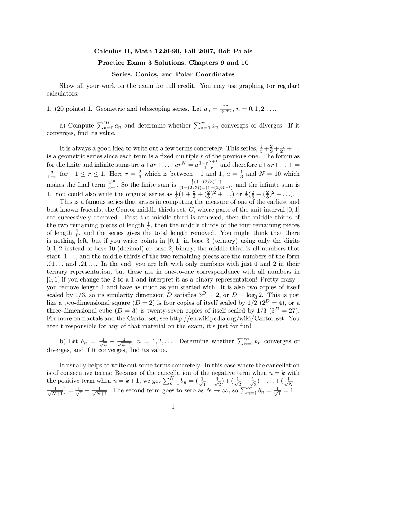 Practice Exam 3 Solutions Series Conics And Polar Coordinates