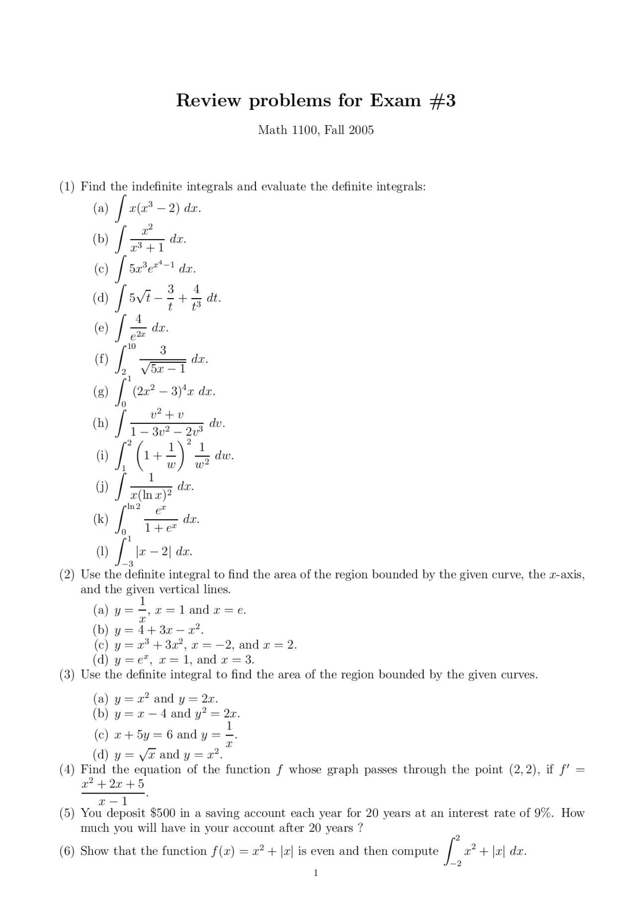 Math 1100 Exam #3 Review: Integration and Definite Integrals | Exams Quantitative Techniques ...