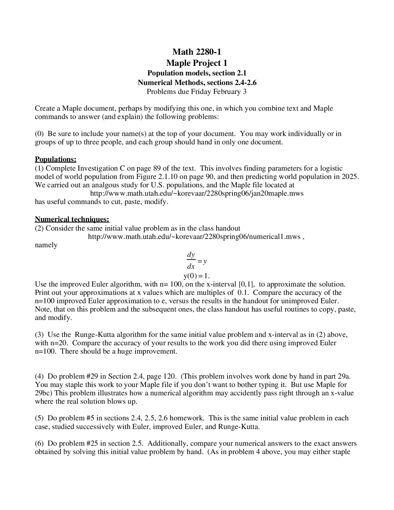 Population Models Numerical Methods Maple Project 1 Math 2280