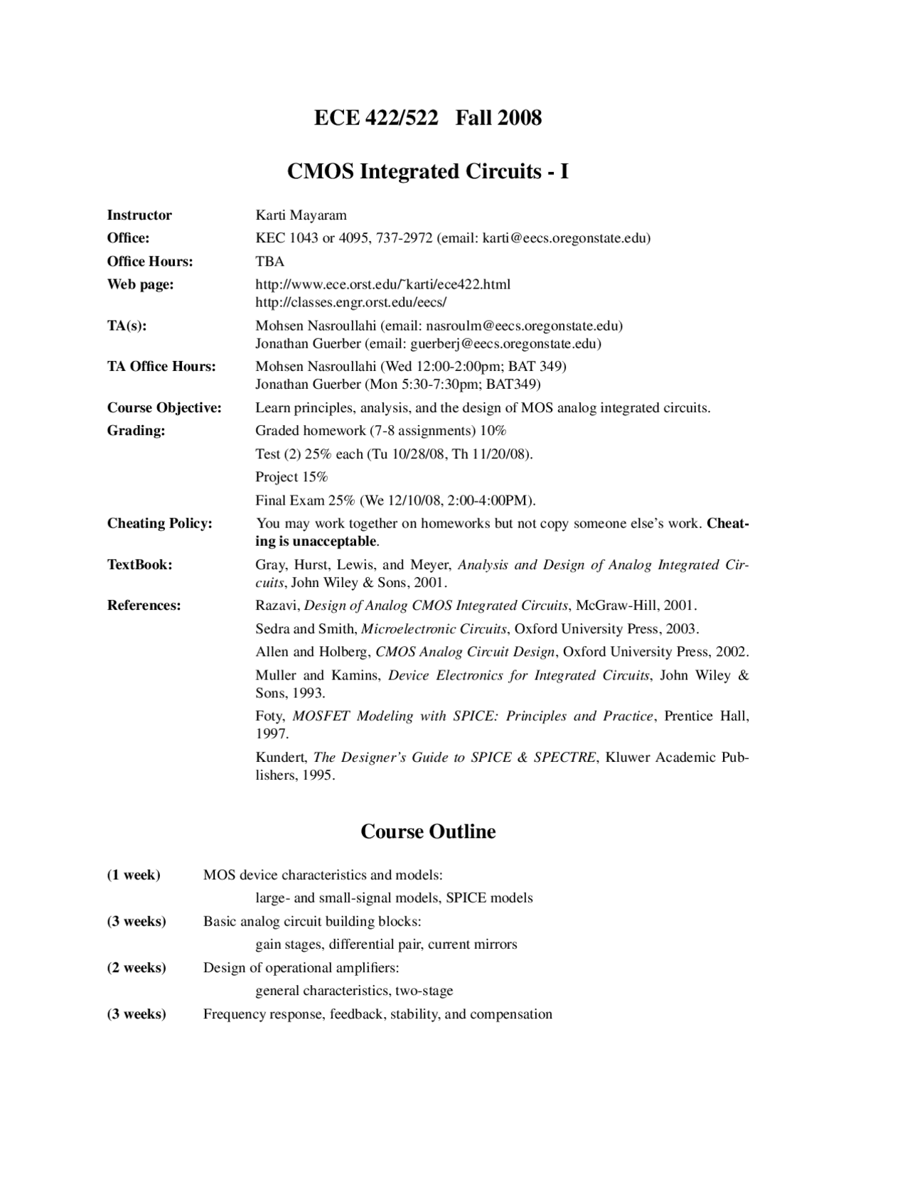 Cmos Integrated Circuits I Topics Schedule Ece 422 Docsity