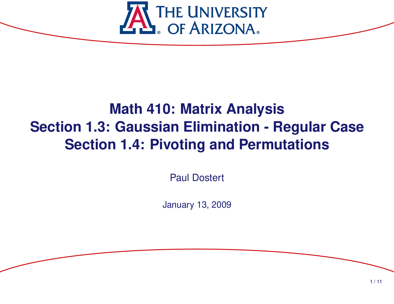 Gaussian Elimination - Regular Case - Lecture Slides | MATH 410 - Docsity Gaussian Elimination - Regular Case - Lecture Slides | MATH 410 - Docsity