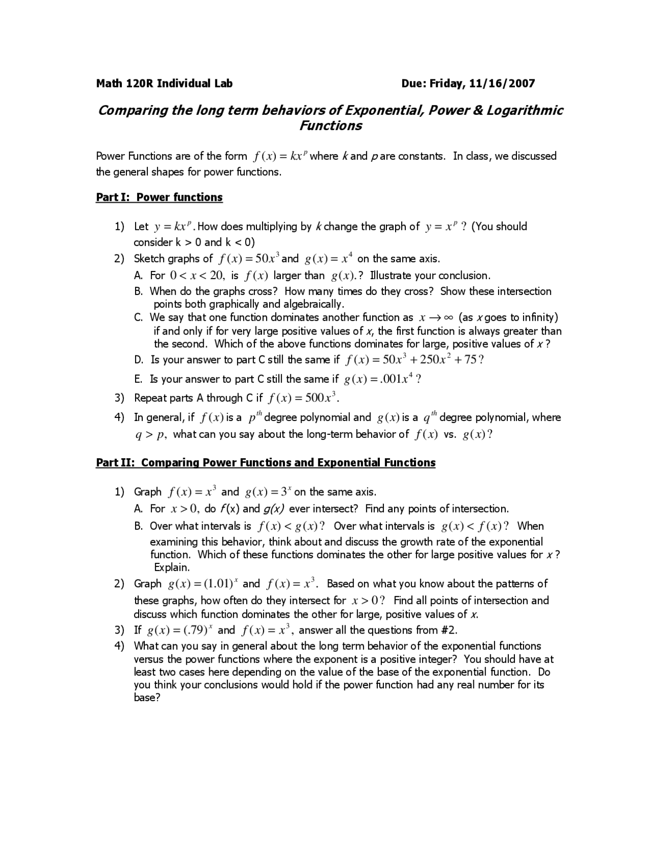 Comparing The Long Term Behaviors Of Exponential Power And Logarithmic Functions Power
