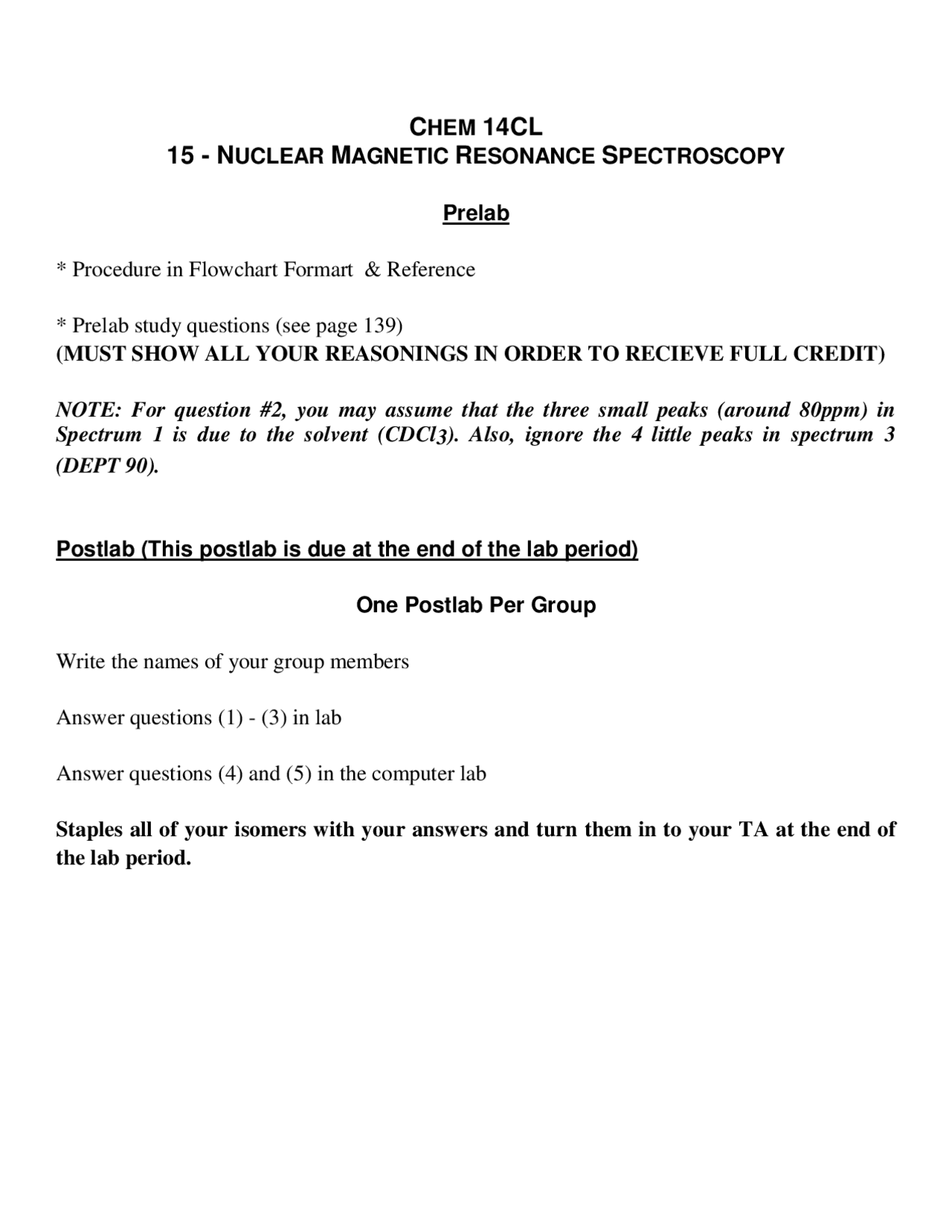 Nuclear Magnetic Resonance Spectroscopy Chem 14cl Docsity