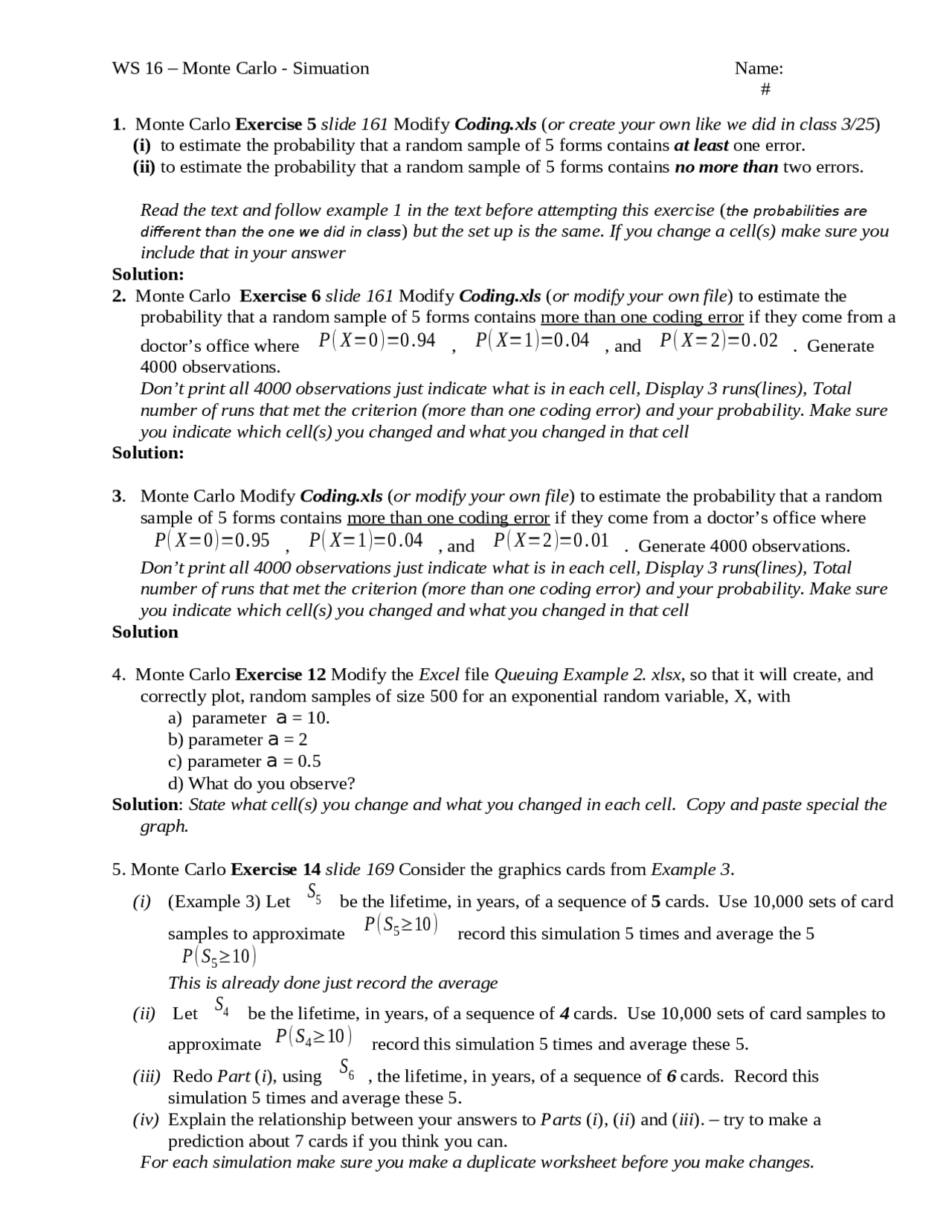 Worksheet 16 Monte Carlo Simulation Math 115a Docsity