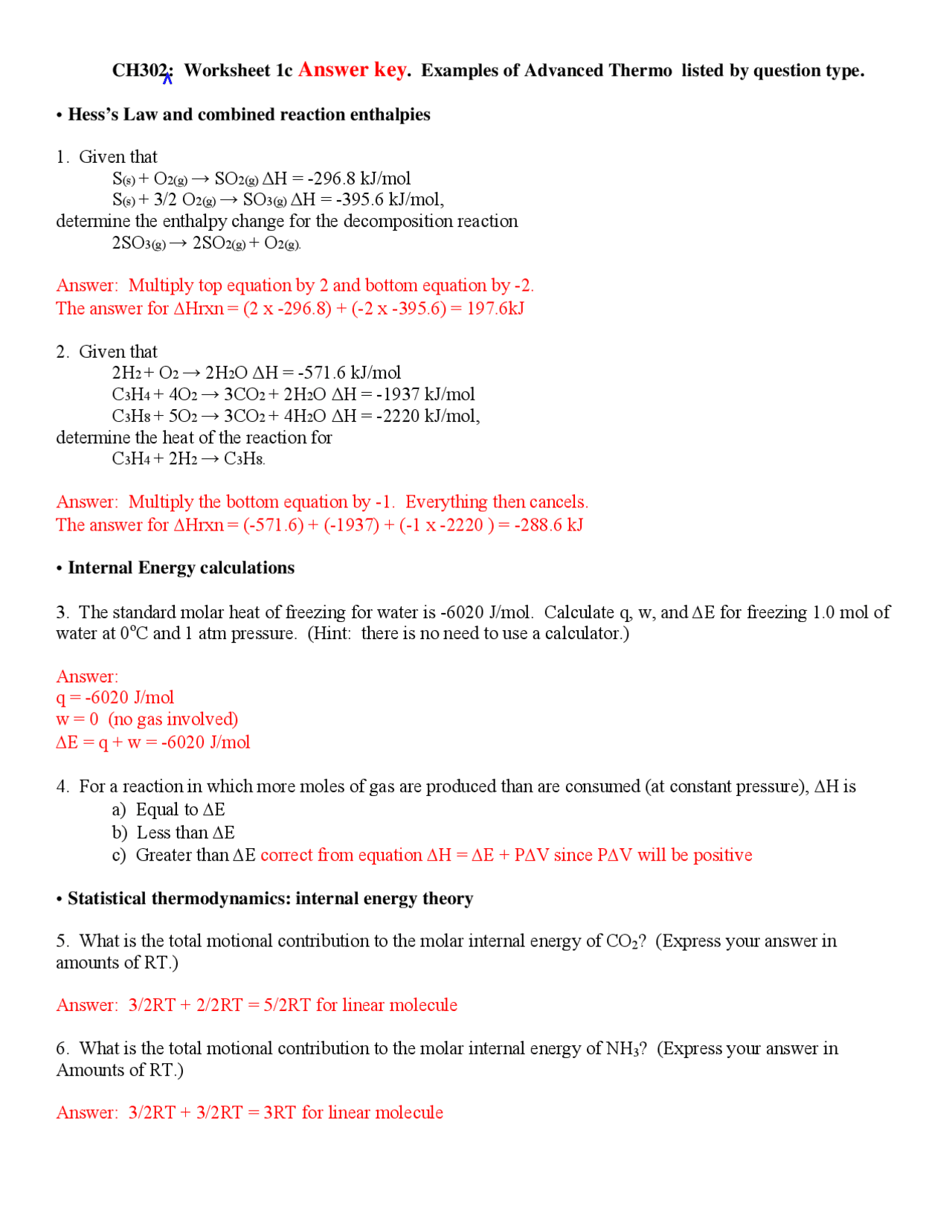 Worksheet 1 Answers Key Principle Chemistry Ii Ch 302 Docsity