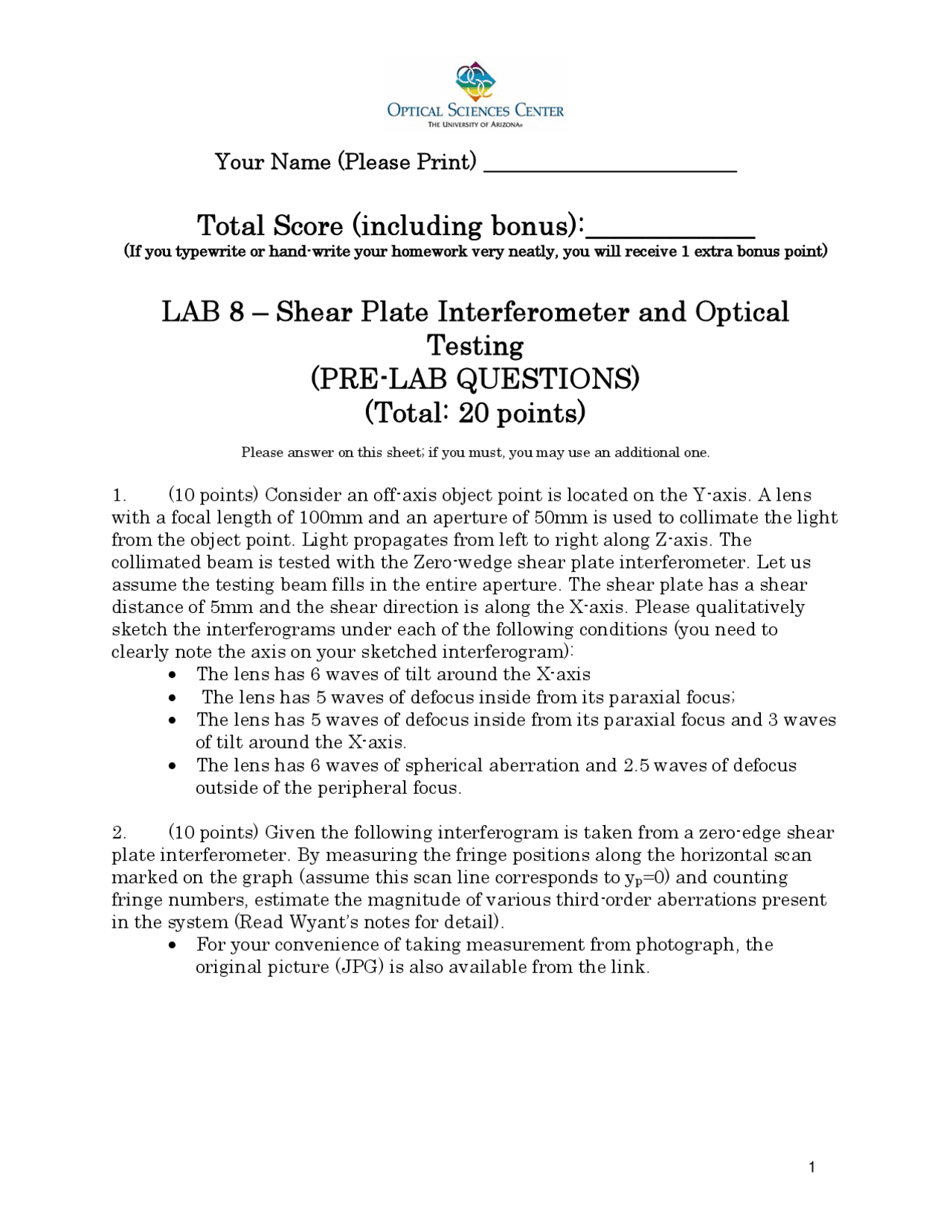 Shear Plate Interferometer And Optical Testing Opti 471a Docsity