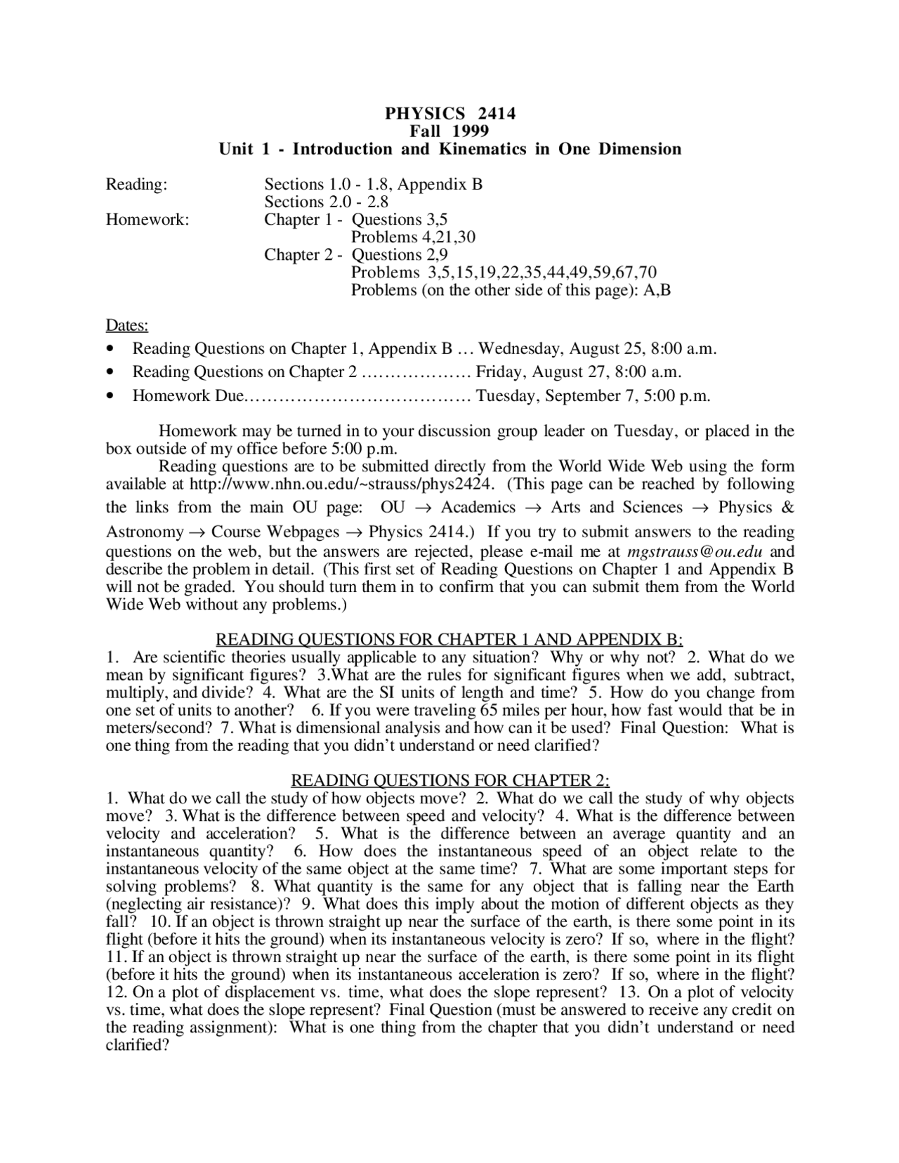 Introduction and Kinematics in One Dimension - Unit 1 | PHYS 2414 - Docsity