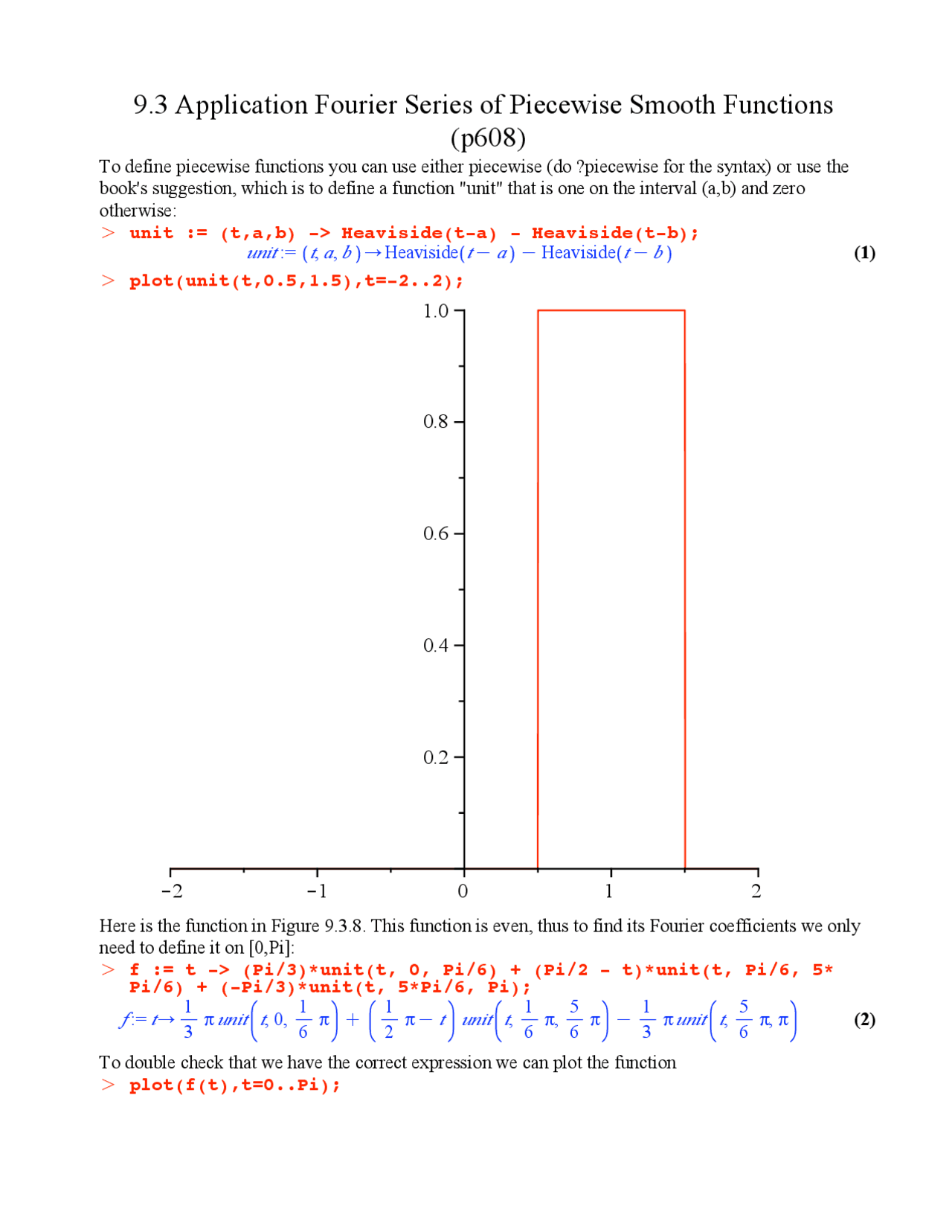 Application Fourier Series of Piecewise Smooth Functions | MATH 2280 - Docsity