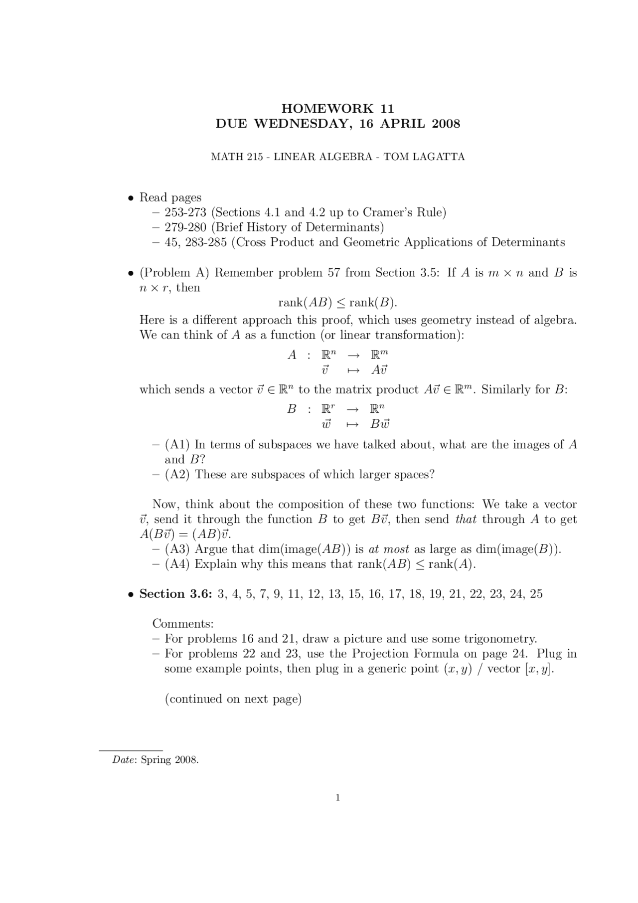 Homework 11 Introduction To Linear Algebra Math 215 Docsity
