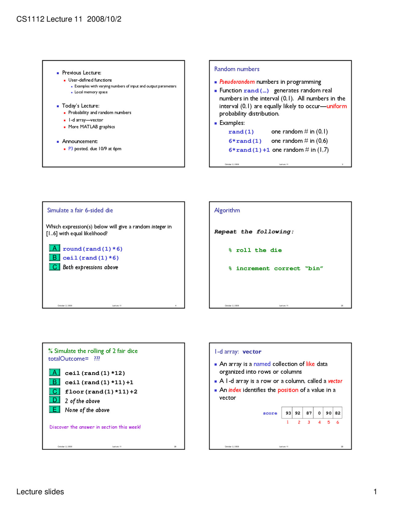 Probability and Random Numbers, 1-Dimensional Array Vector | CS 1112 - Docsity