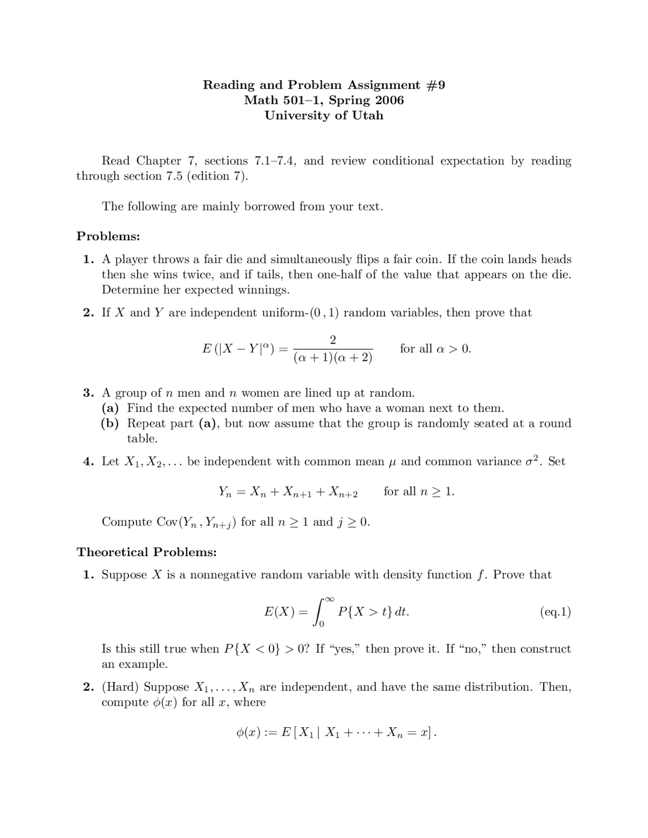 Introduction to Probability - Homework 9 Problems | MATH 501 - Docsity