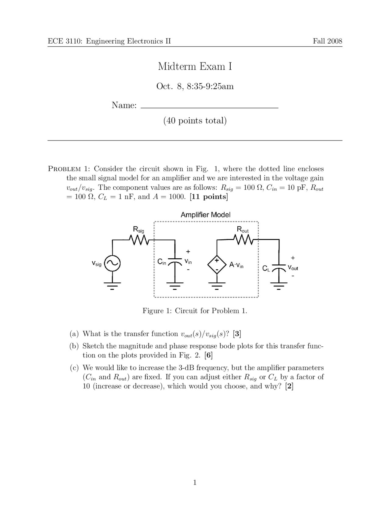 Midterm Exam 1 Questions Engineering Electronics Ii Ece 3110 Docsity