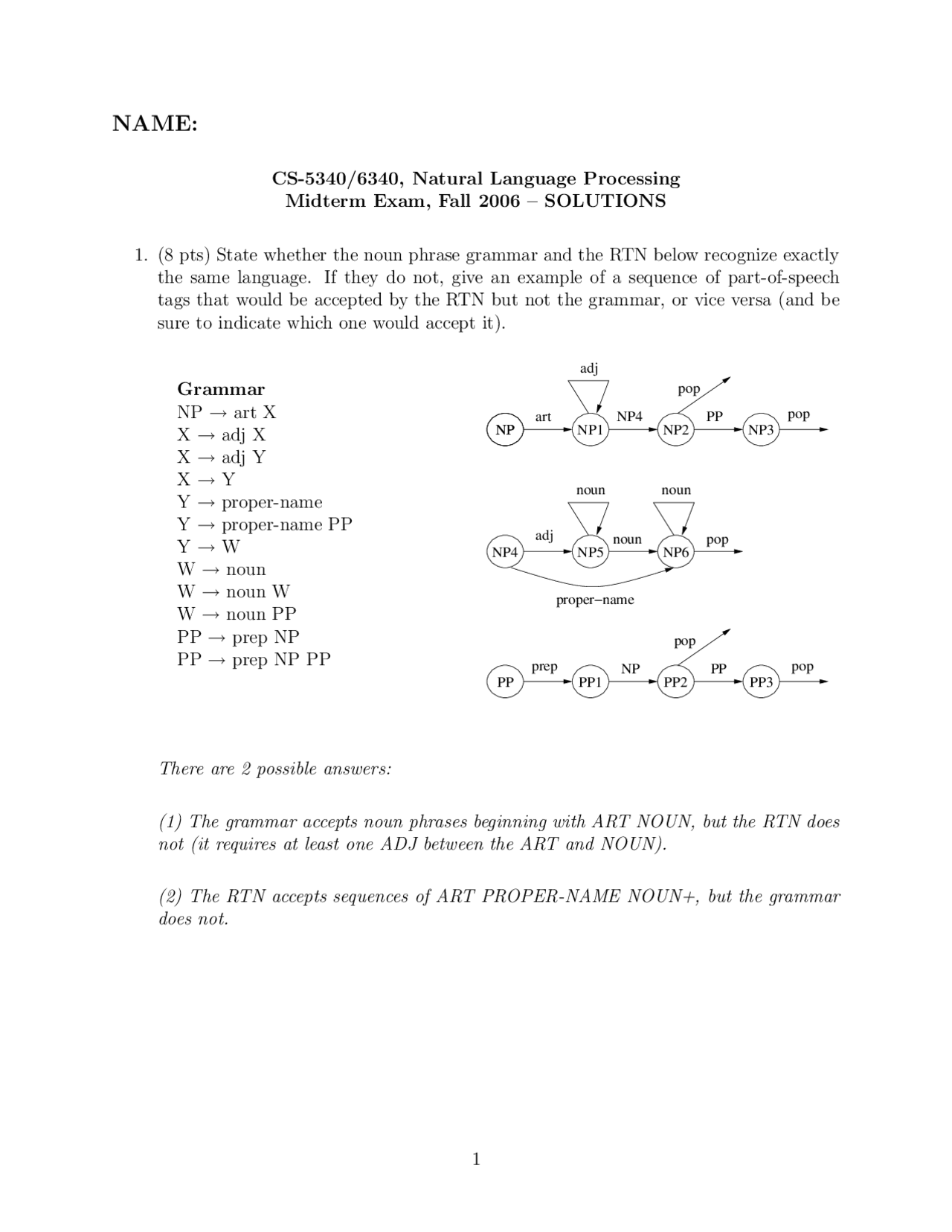 Midterm Exam Solution For Natural Language Cs 5340 Docsity