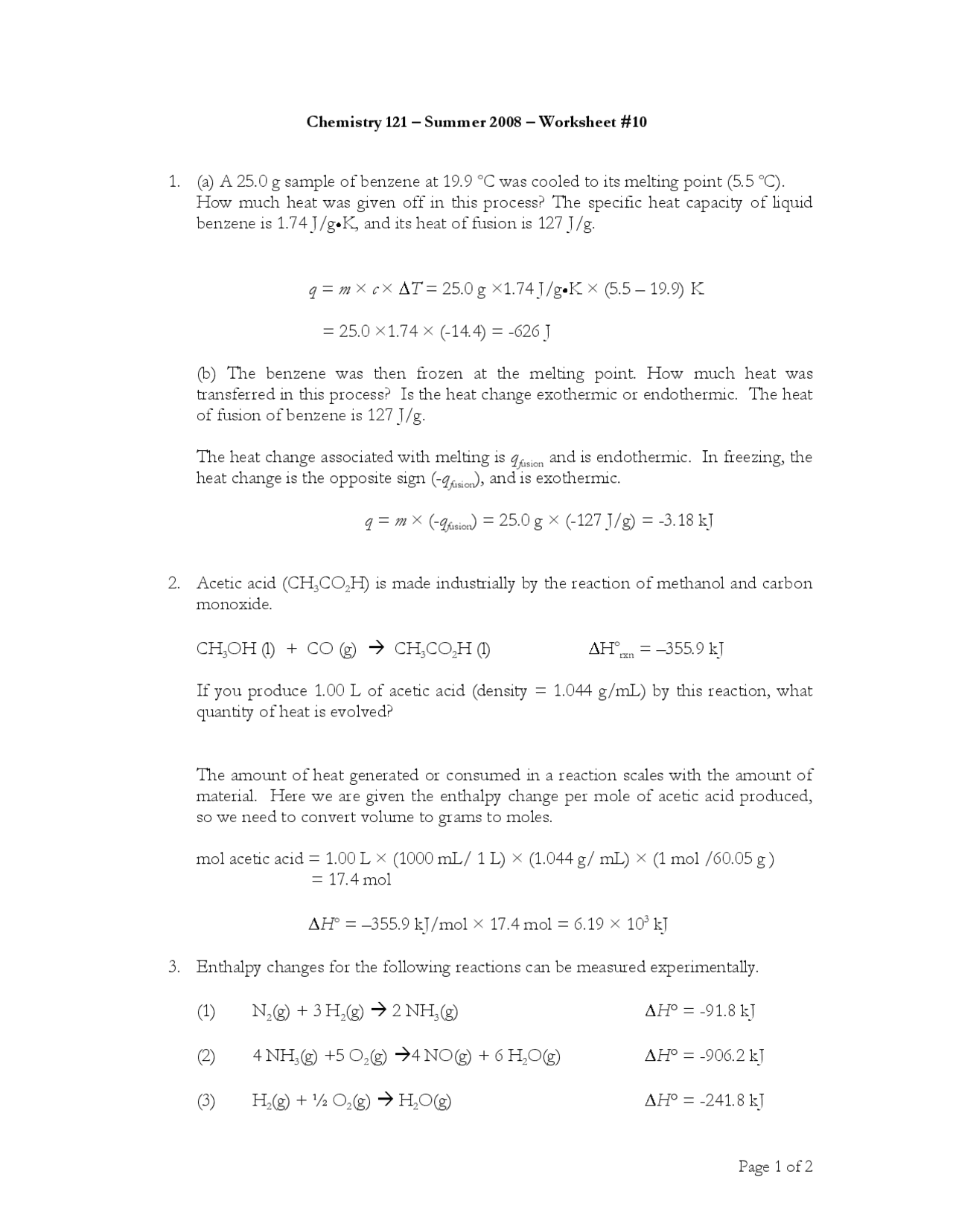 Worksheet 10 Summer 2008 General Chemistry Ch 121 Docsity