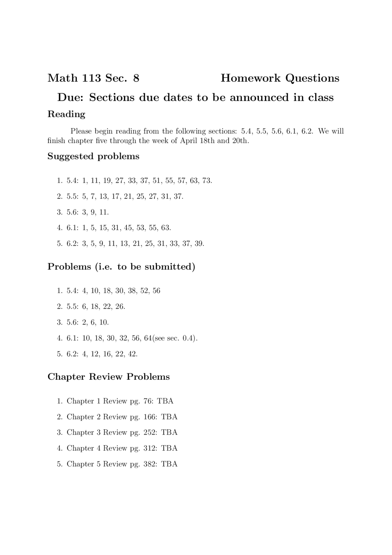 Assignment 5 with Suggested Problems - Elements of Calculus | MATH 113 - Docsity