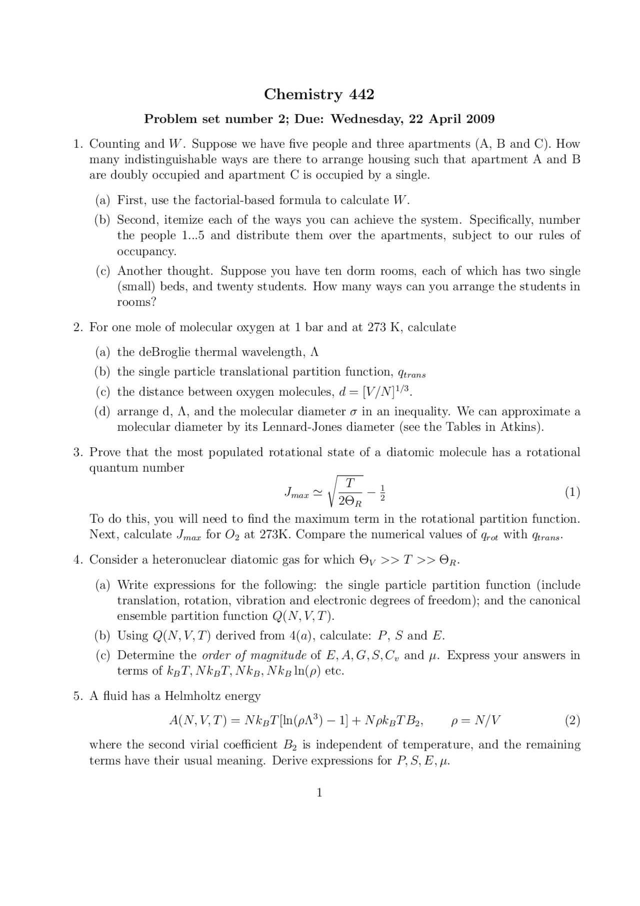 6 Problems On Physical Chemistry Problem Set 2 Ch 440 Docsity