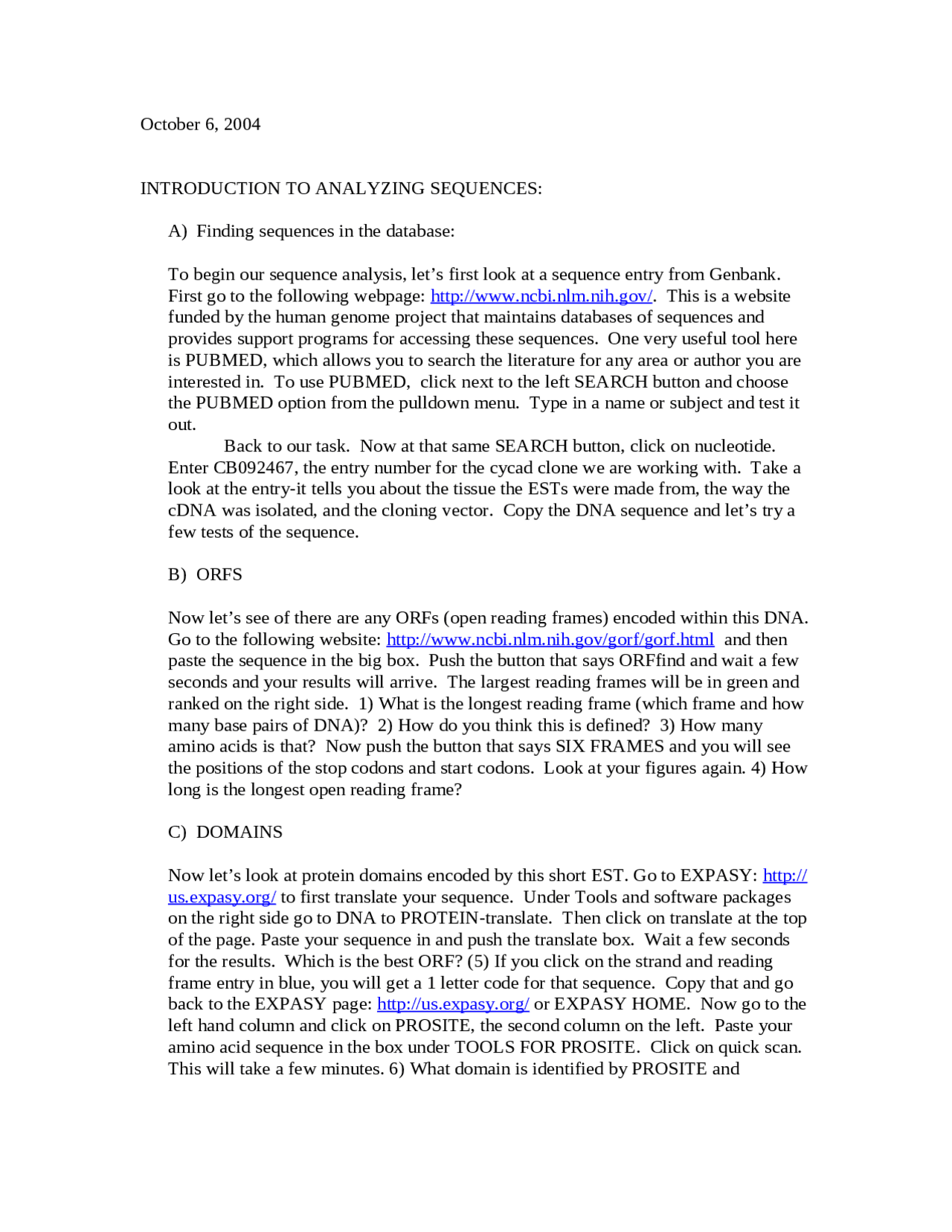 Introduction To Analyzing Sequences Assignment Mcb 473 Docsity