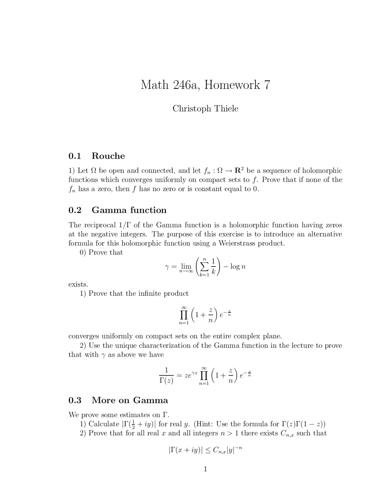 Practice Homework 7 - Complex Analysis | MATH 246A | Assignments Mathematics | Docsity